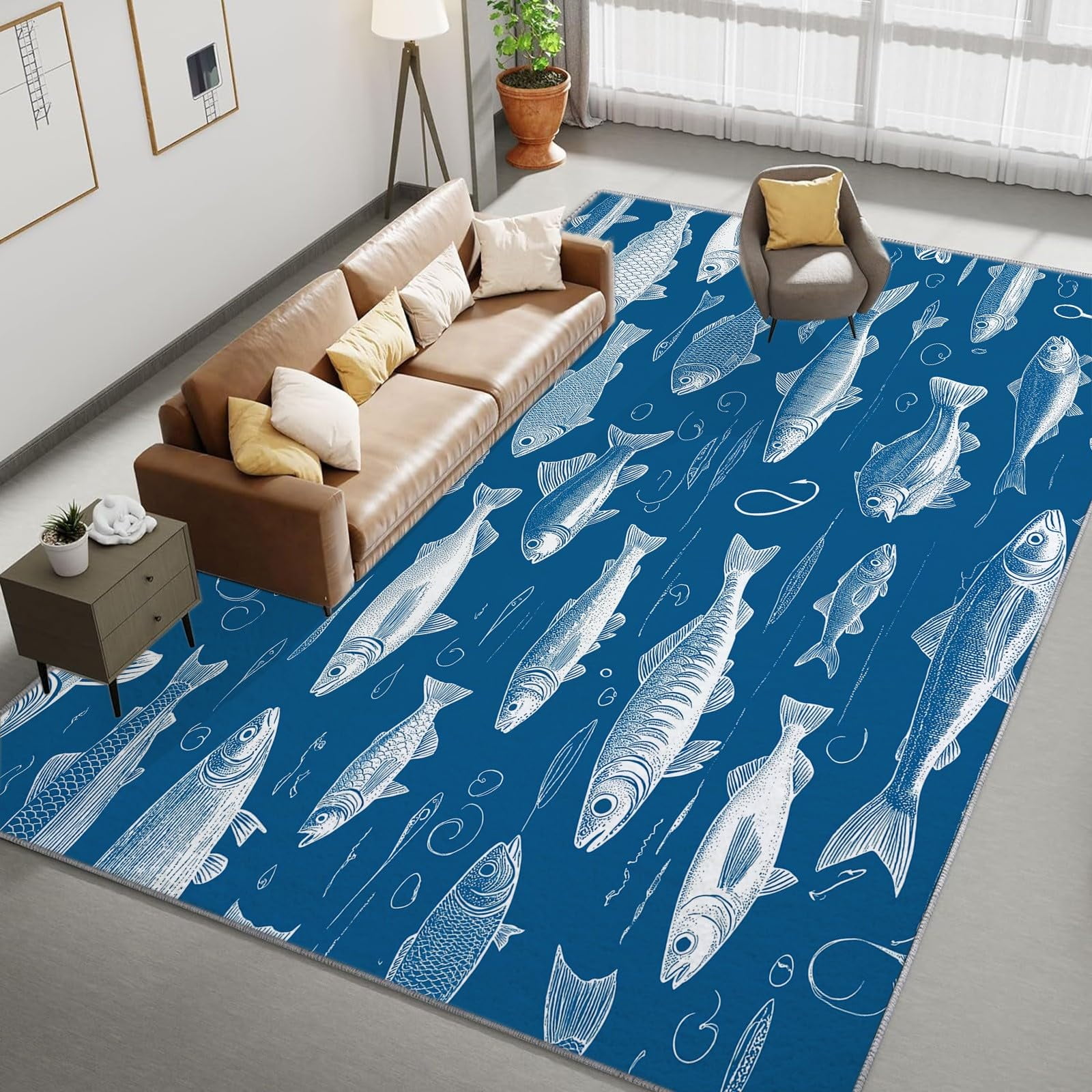 Living Room Area Rugs, Illustration Style Fish Printed Design Carpet ...