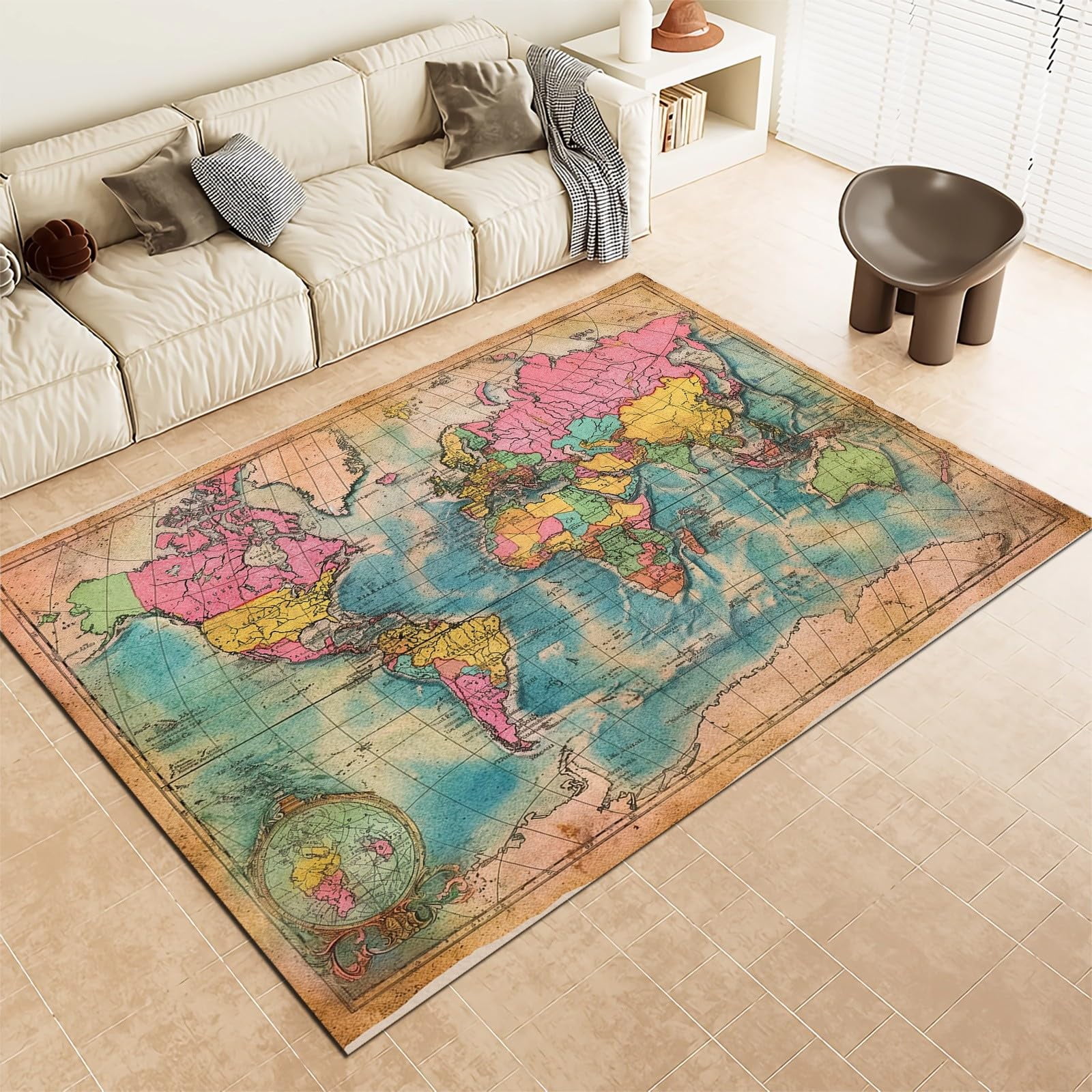 Living Room Area Rugs, Vintage Illustration World Map Rugs For Bedroom ...