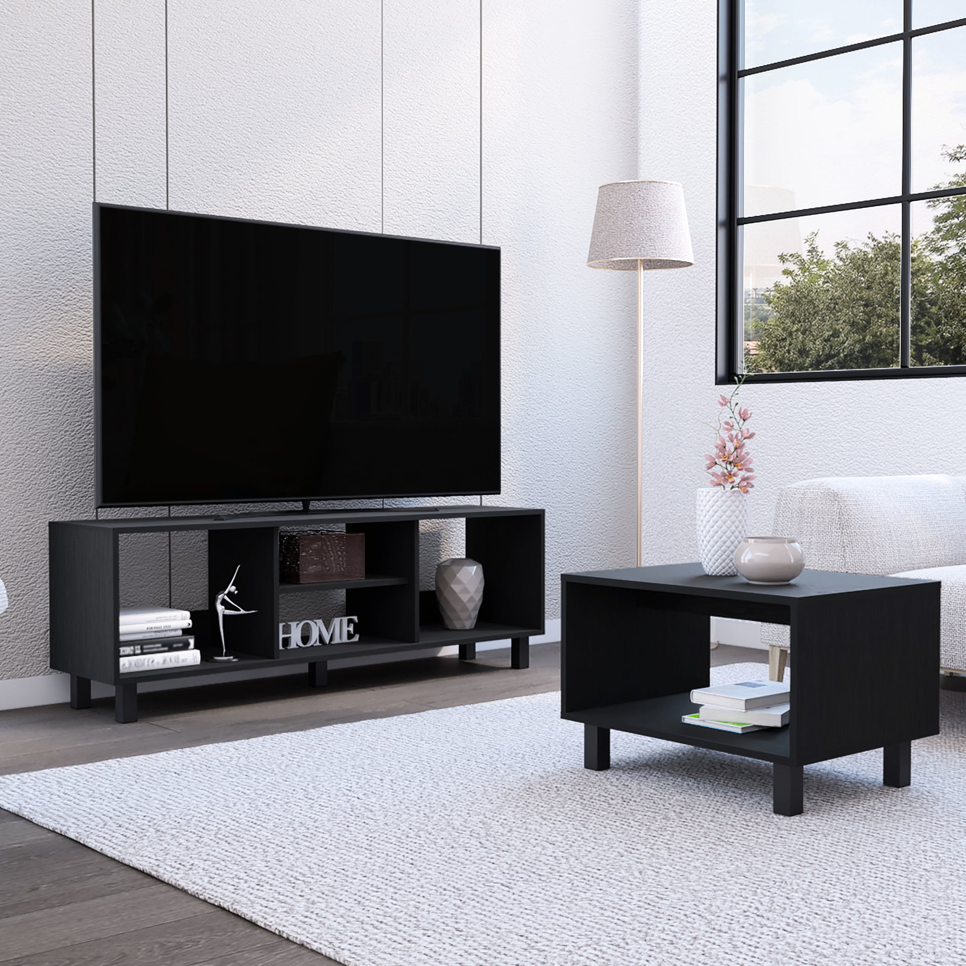 Living Room In Black, Tv Stand And Coffee Table, Ample Shelves ...