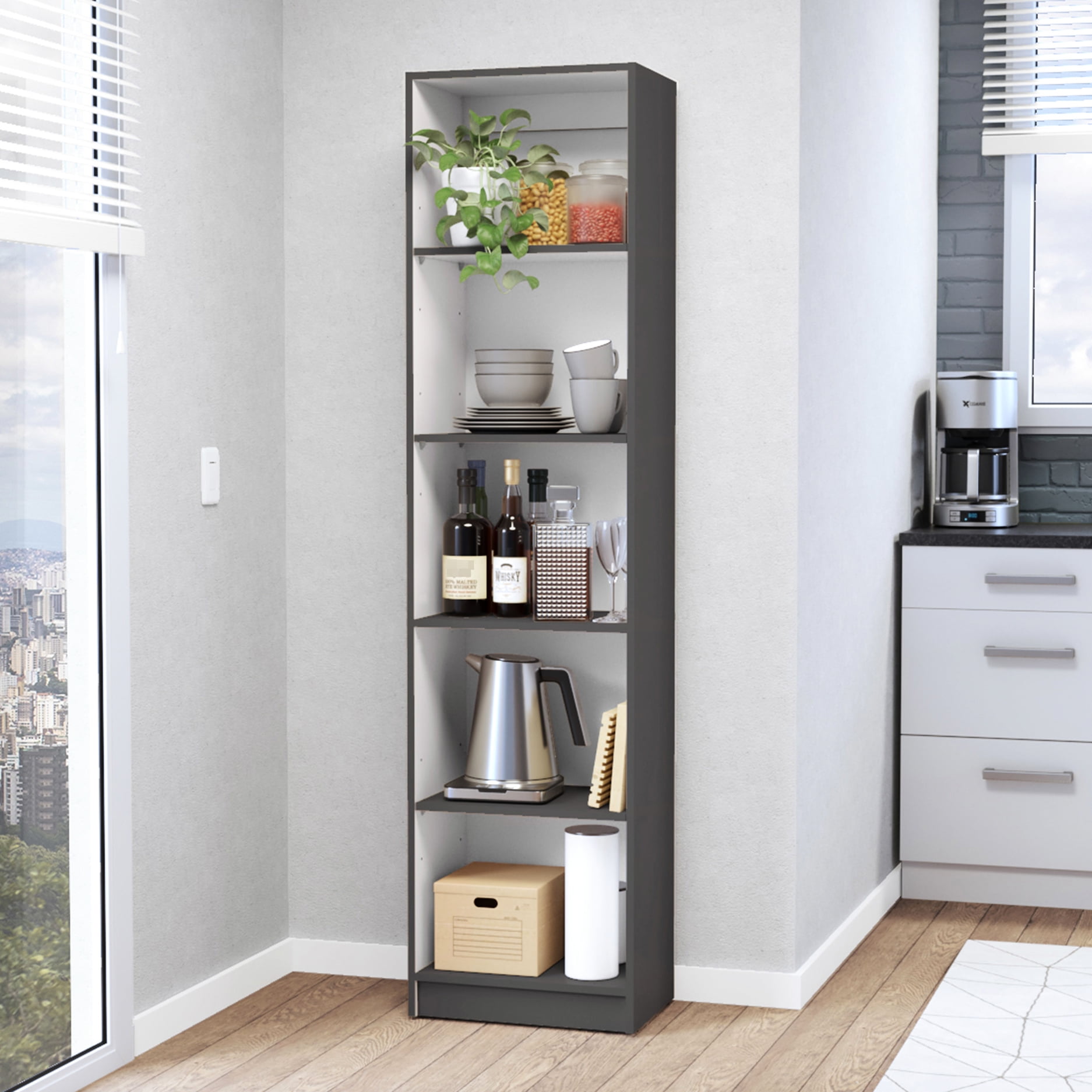 Living Room Bookcase - Slim 5-shelf Modern Design Contemporary With 5 ...