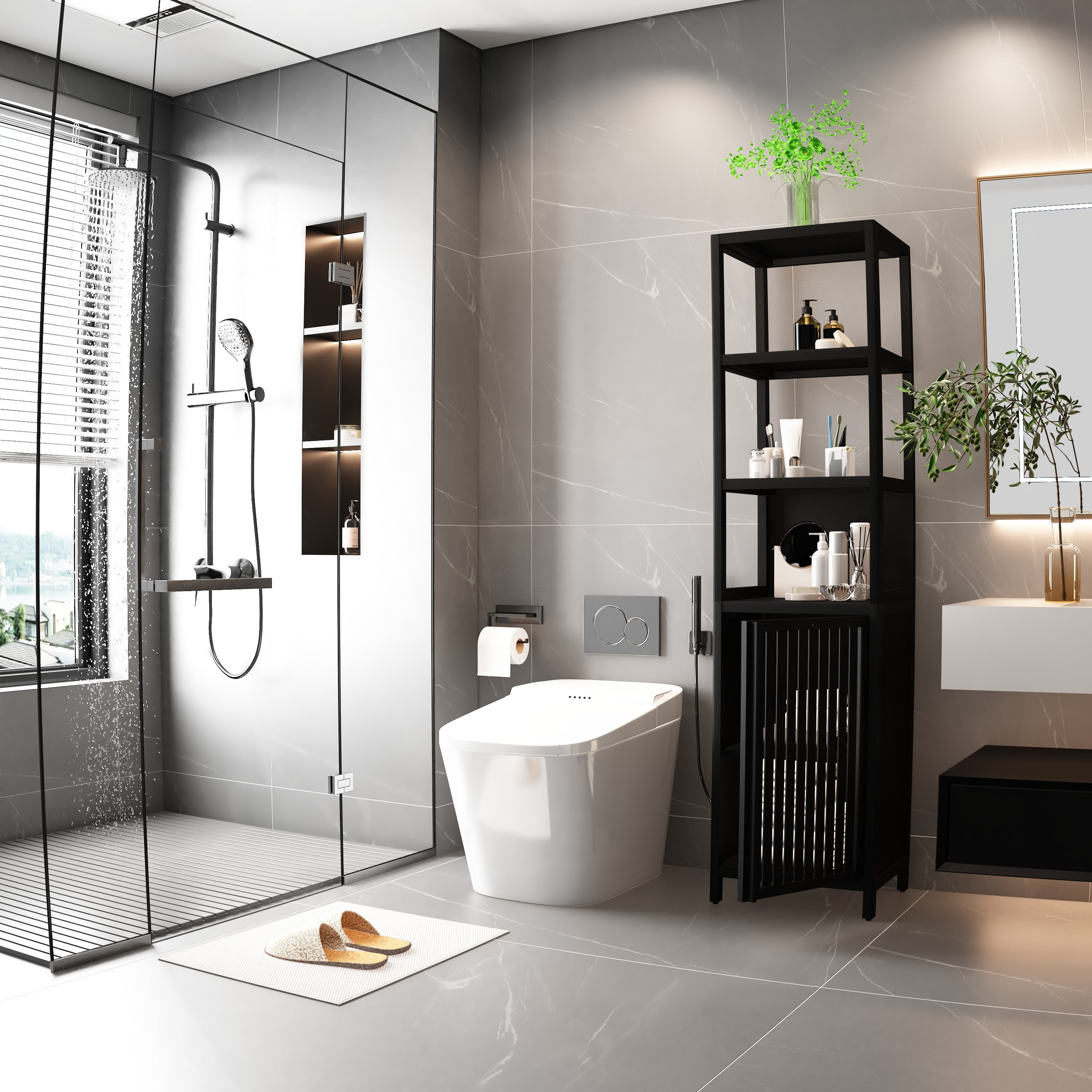 Living Room Cabinets BLACK Storage Tall Slim Cabinet with Shutter Door ...