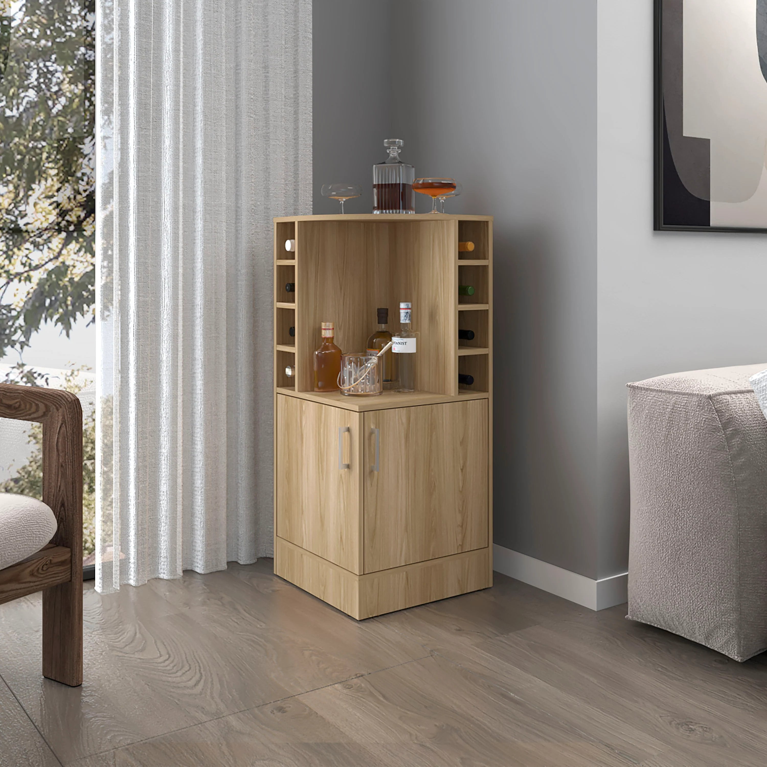 Living Room Cabinets Natural Oak Corner Bar Cabinet with Bottle Rack ...