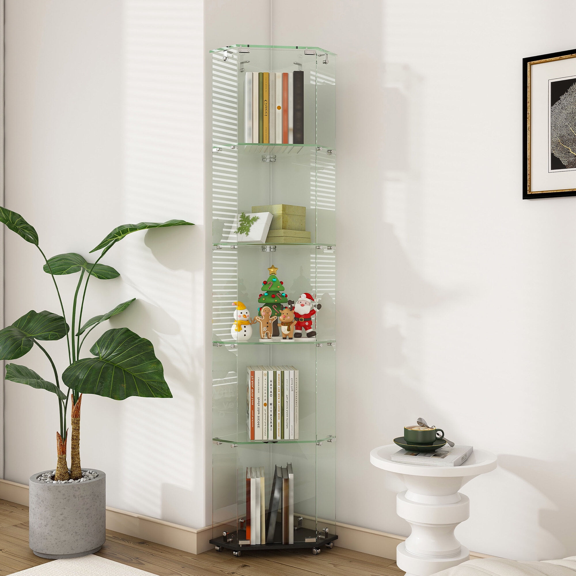 Living Room Cabinets Premium 5-Tier Diamond Glass Display Case with 5 ...