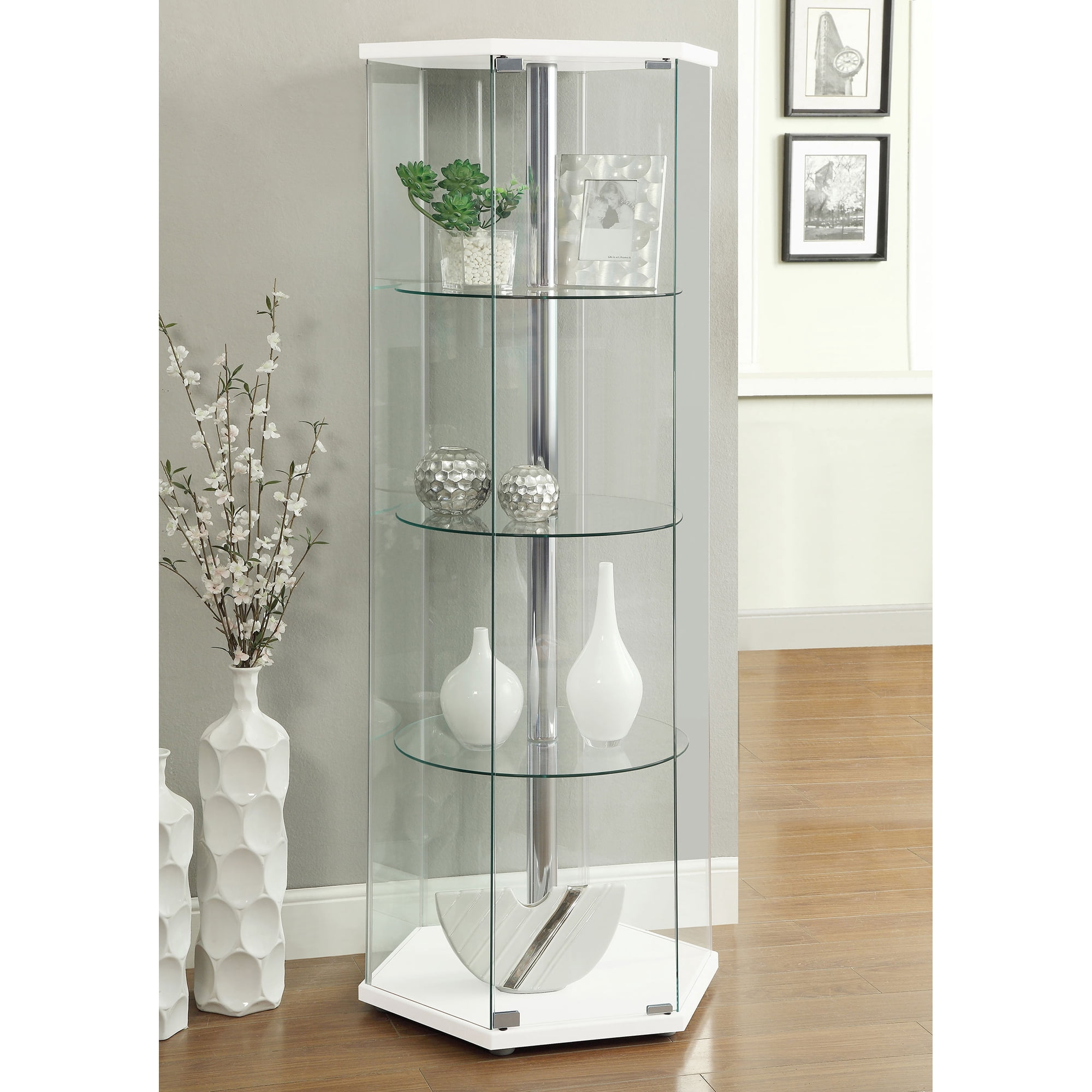 Living Room Cabinets Tenley White 4-Shelf Hexagonal Clear Glass Curio ...