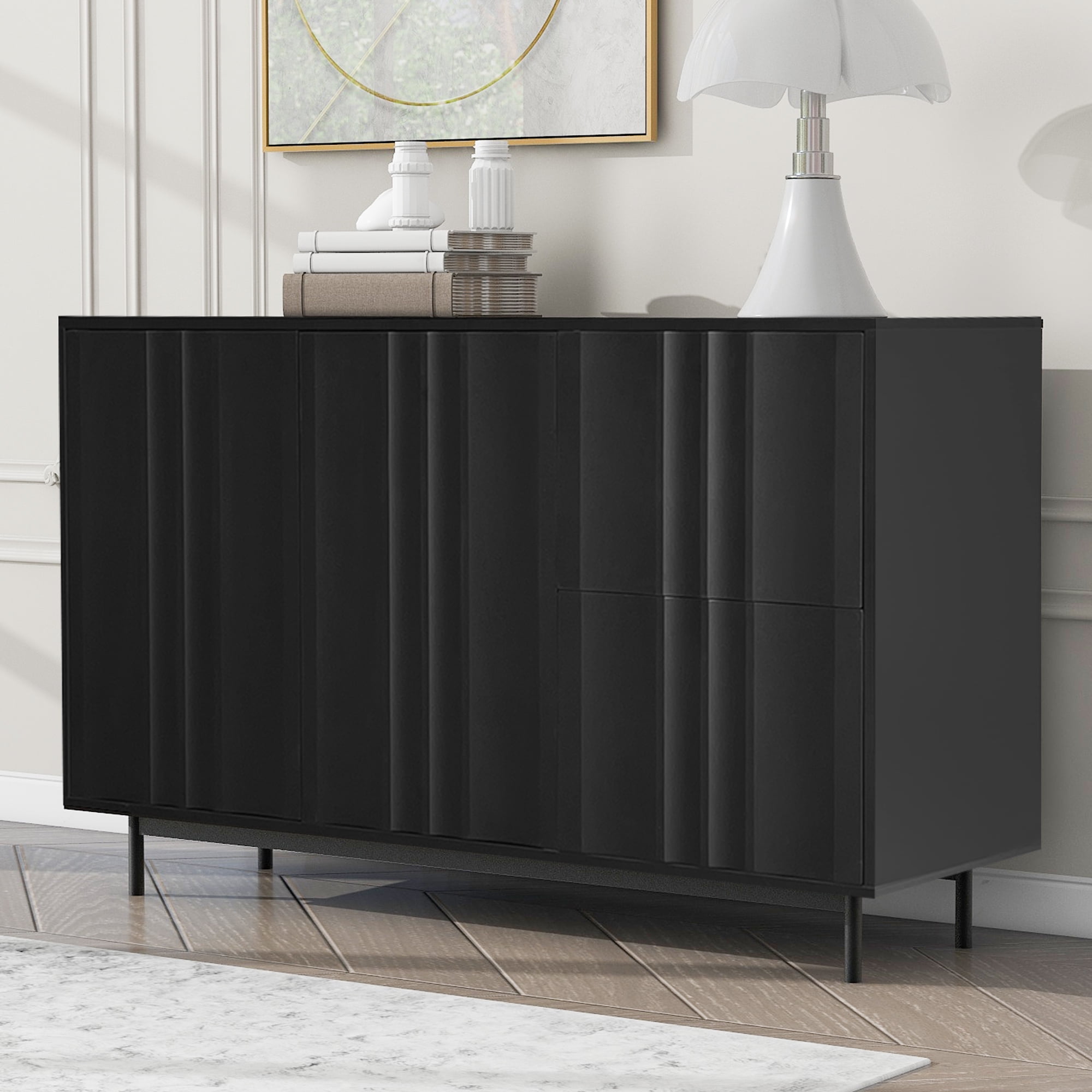 Living Room Cabinets U_STYLE Wave Pattern Storage Cabinet with 2 Doors ...