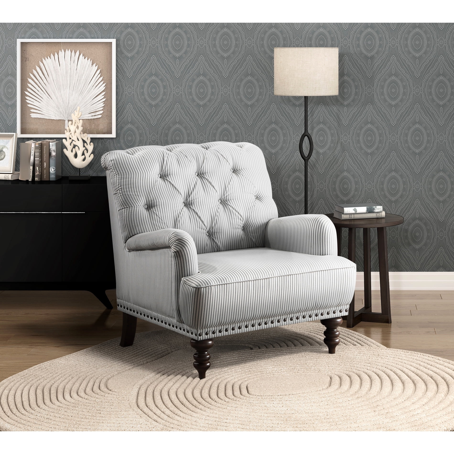 Living Room Chair Form, Gray White Fabric, Button Cushions, Nailhead ...