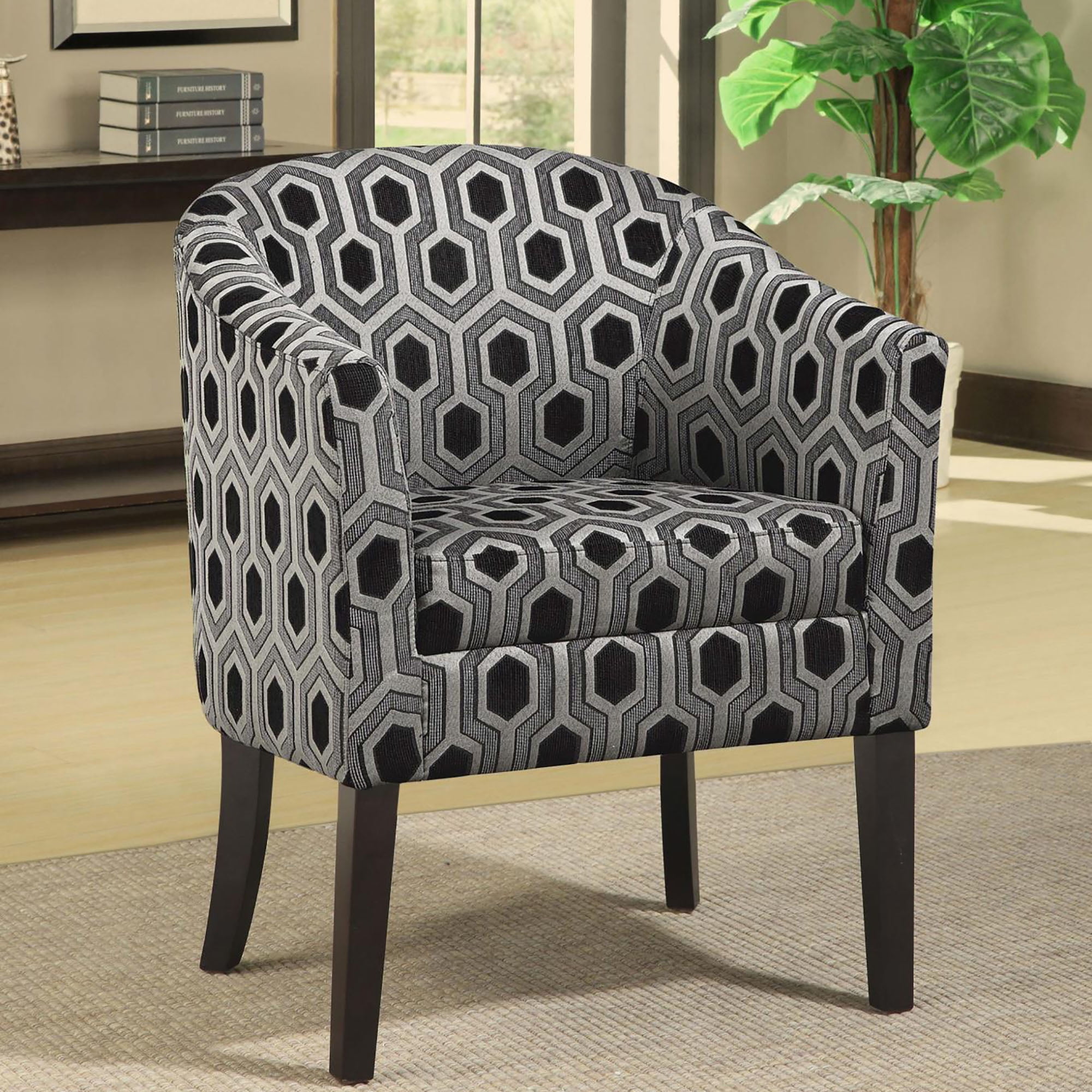 Living Room Chairs Grey and Black Hexagon Print Barrel Back Accent ...