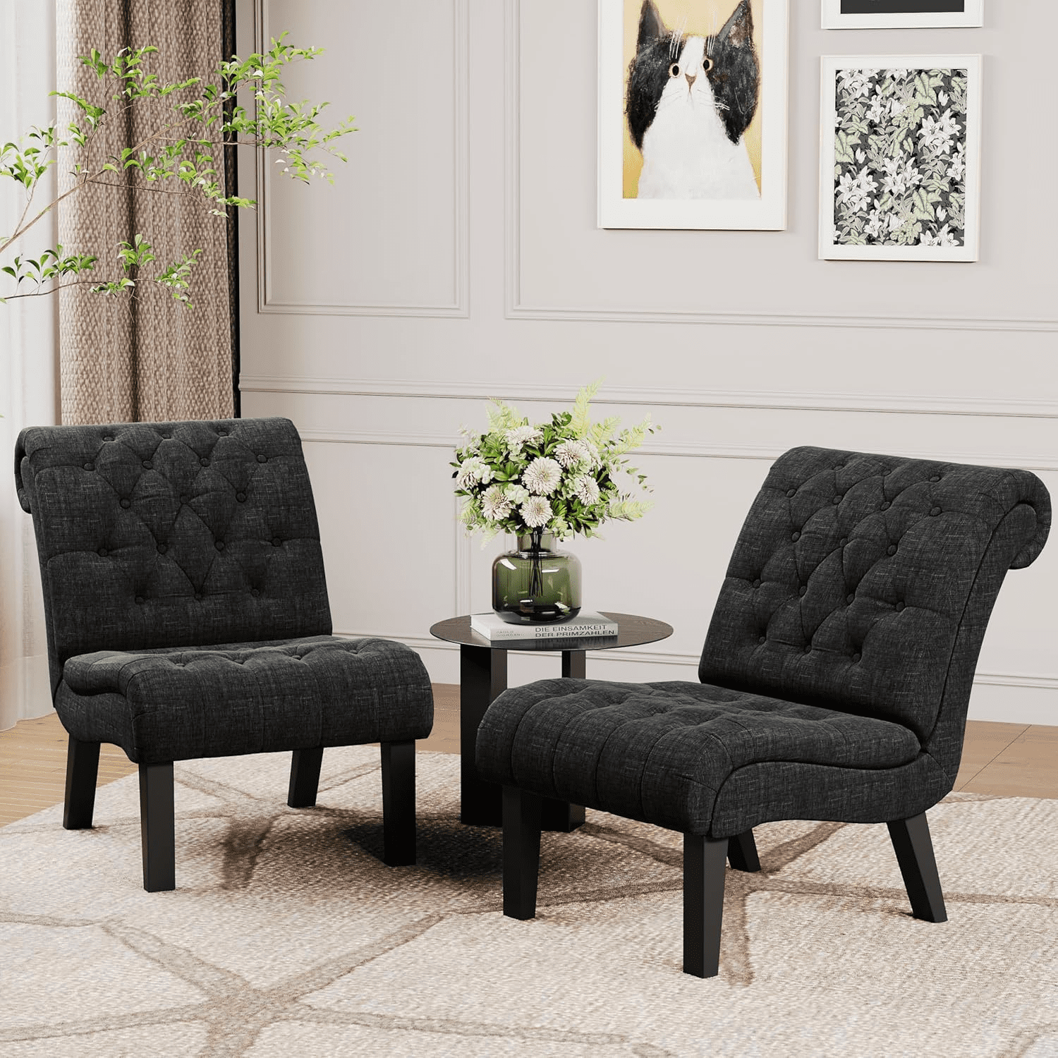 Living Room Chairs Set of 2 Modern Accent Chair GUBUONIP Upholstered Tufted Armless Bedroom ...