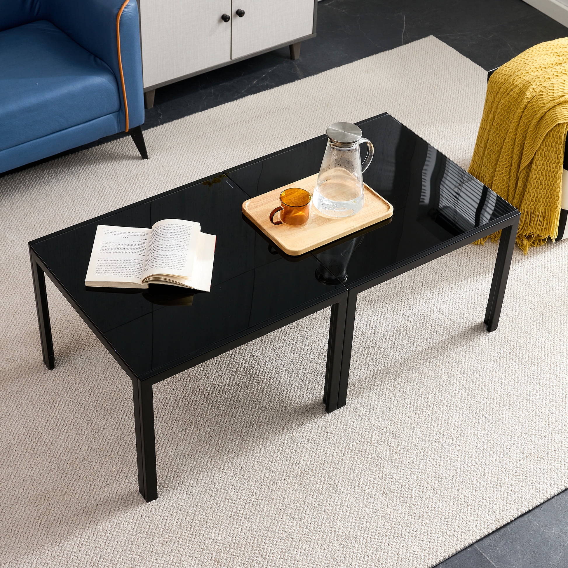 Living Room Coffee Table Of 2 Squares, Black Tempered Glass With Metal ...