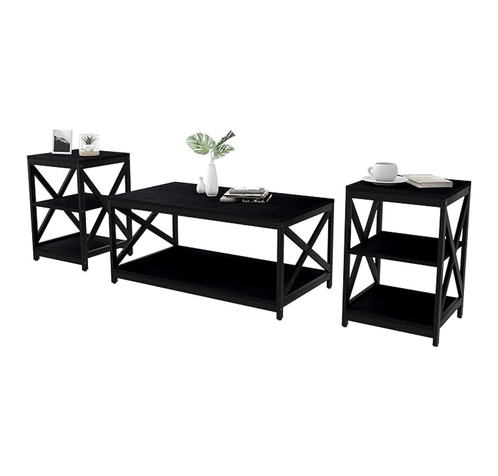 Living Room Coffee Table Set of 3, Industrial X-Design Coffee Table and ...