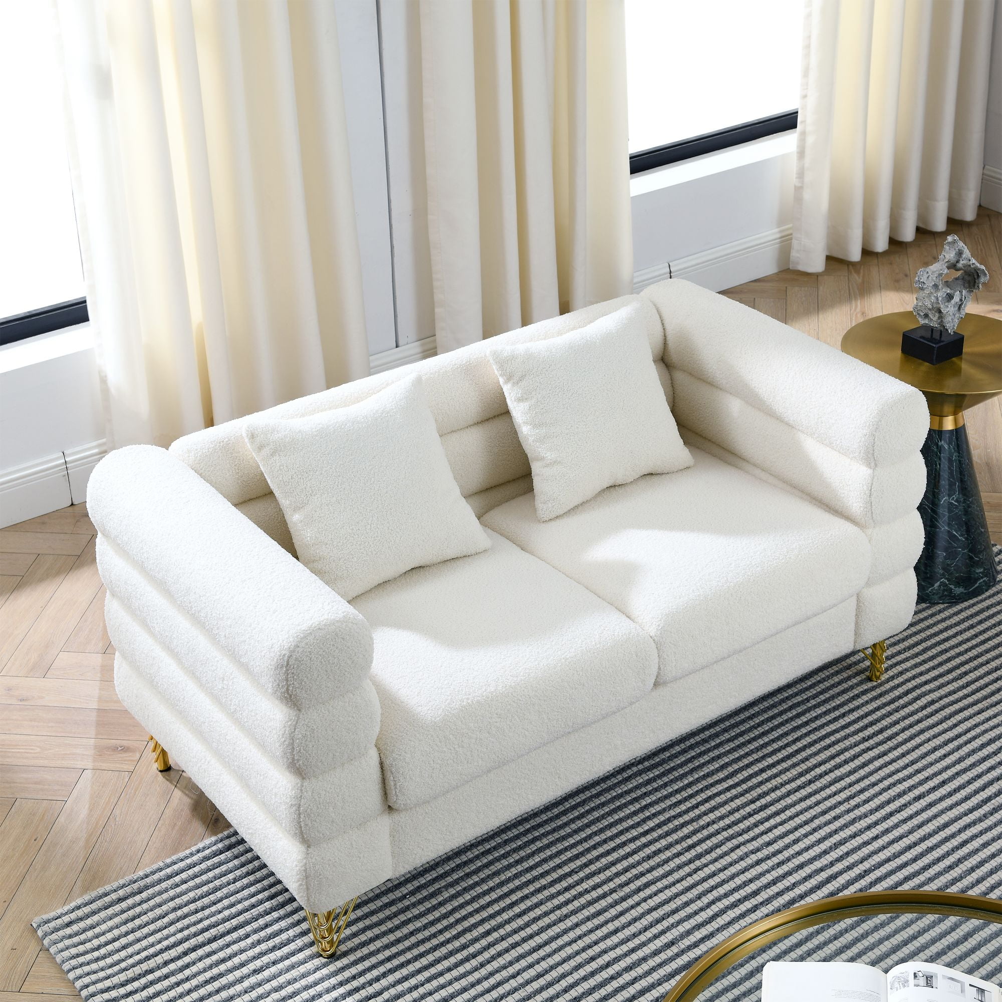 Living Room Couch Fabric Fur Comfy Loveseat Sofa with 2 Seat Cushions ...