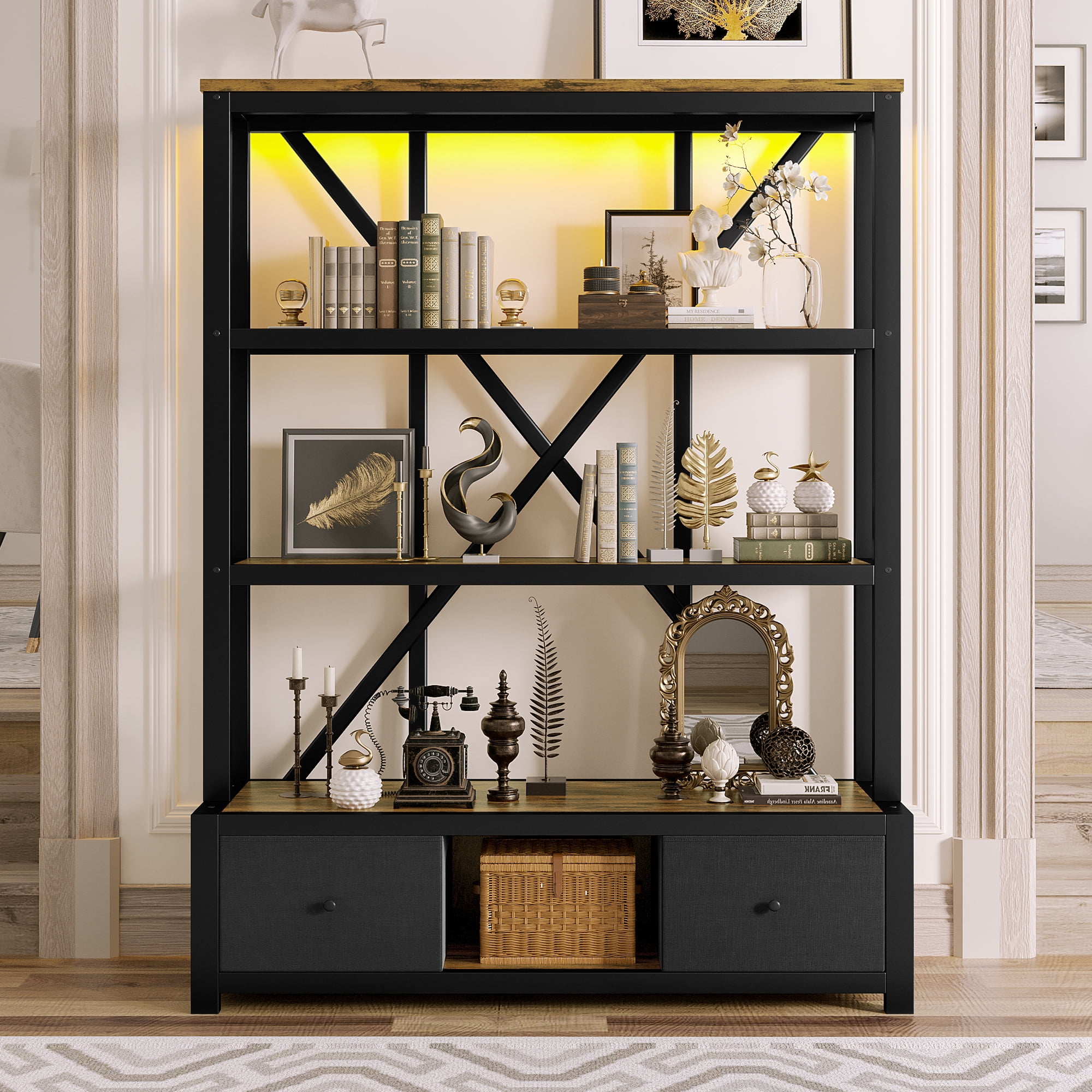 Living Room Display Shelves 3-Shelf Metal Bookcase with Drawers for ...