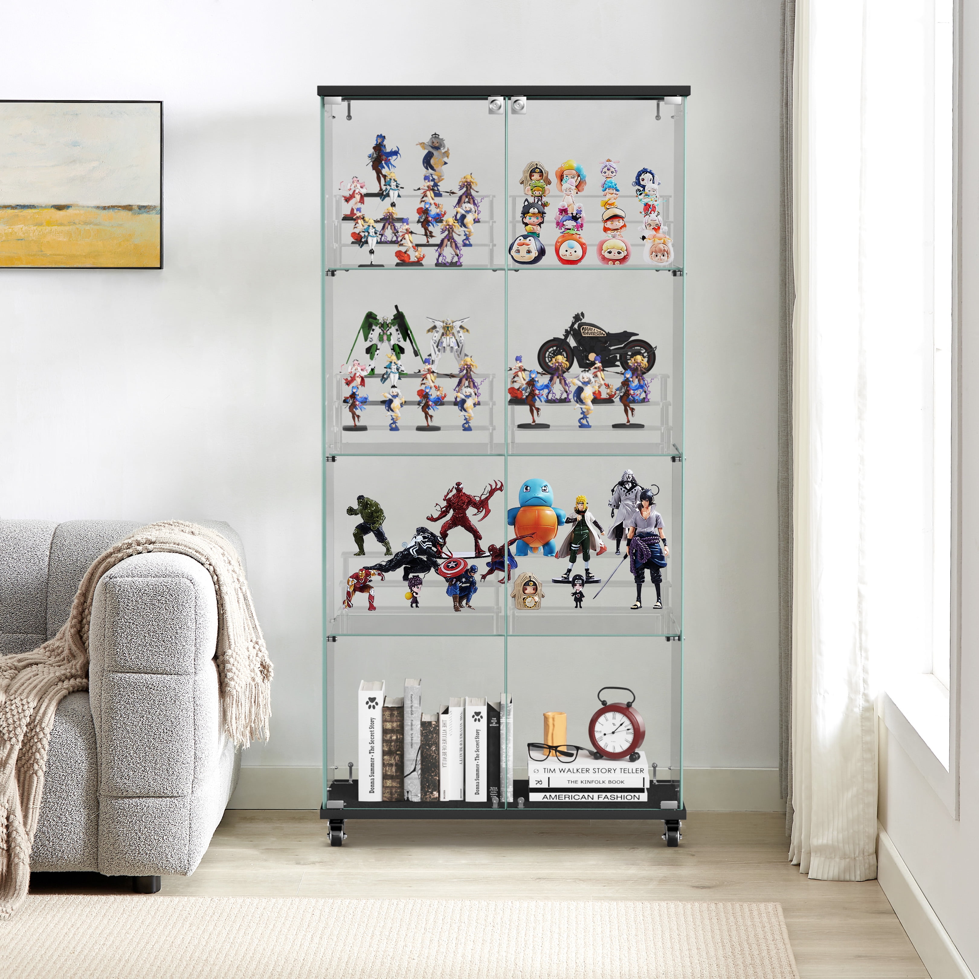 Living Room Display Shelves 4 Tier Glass Display Cabinet, Double Door ...
