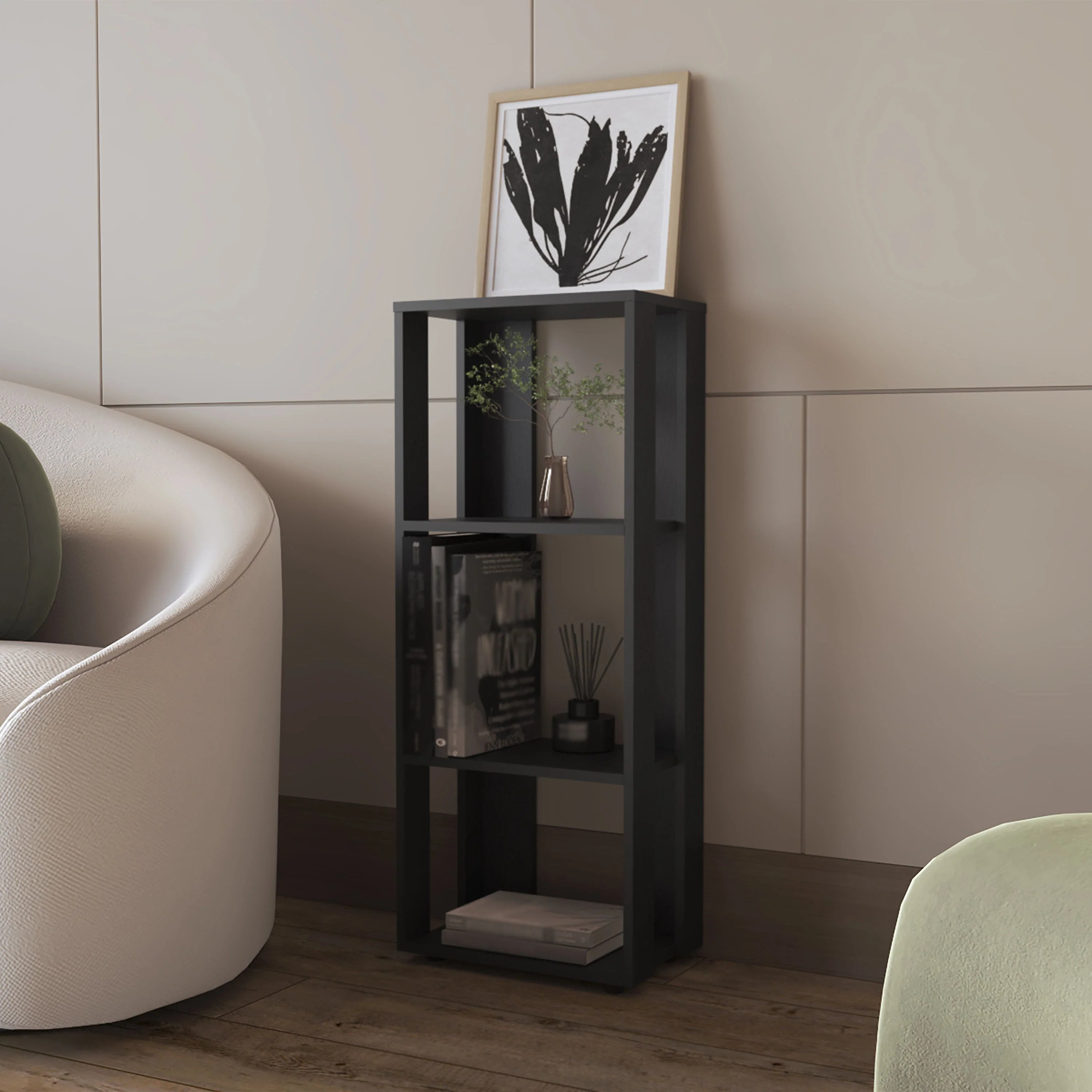 Living Room Display Shelves, Black Bookcase in Melamine with Open ...