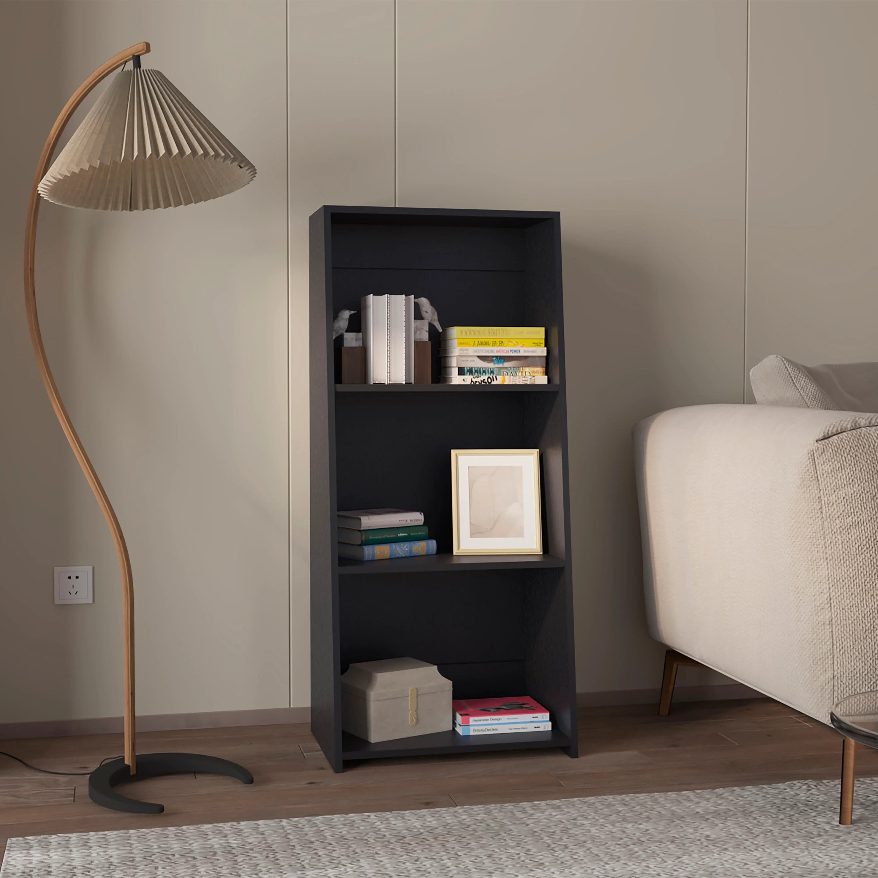 Living Room Display Shelves, Black Bookcase with Three Shelf, Living ...