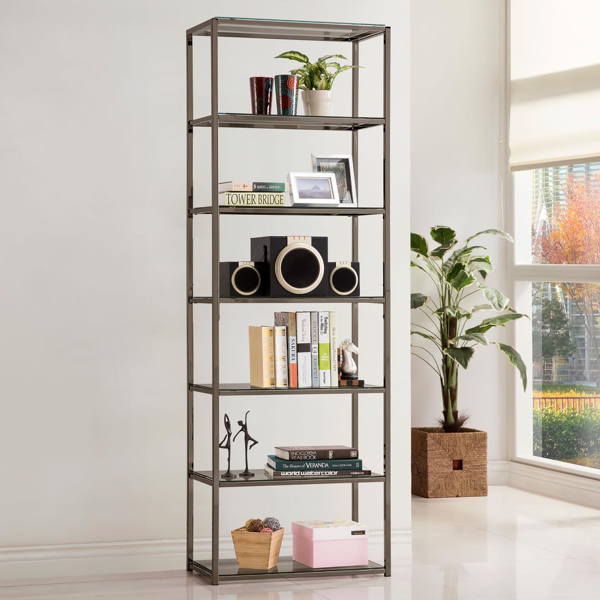 Living Room Display Shelves, Black Nickel 6-Tier Bookcase, Living Room ...