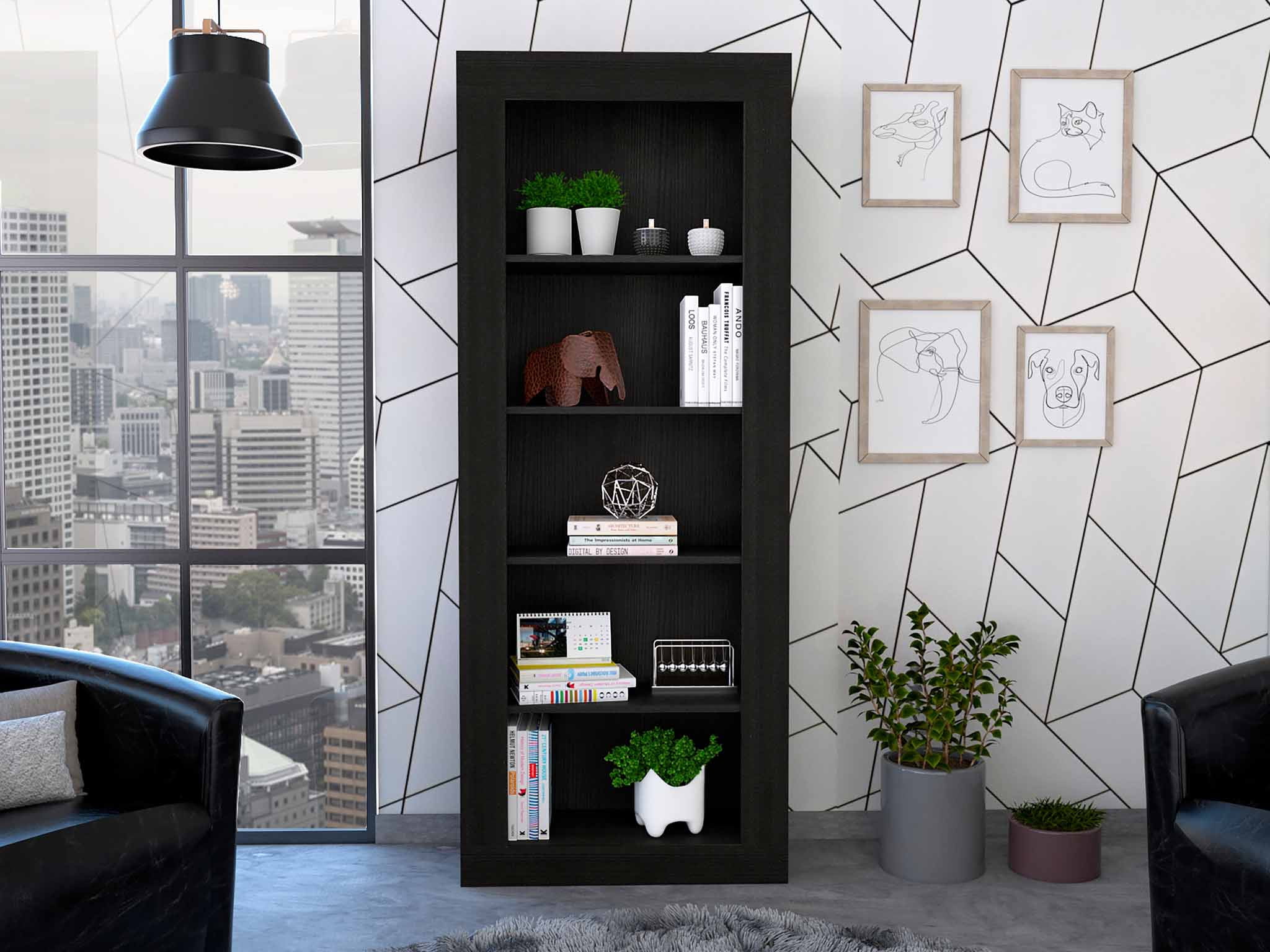 Living Room Display Shelves, Brighton 5-Shelf Bookcase Black, Living ...