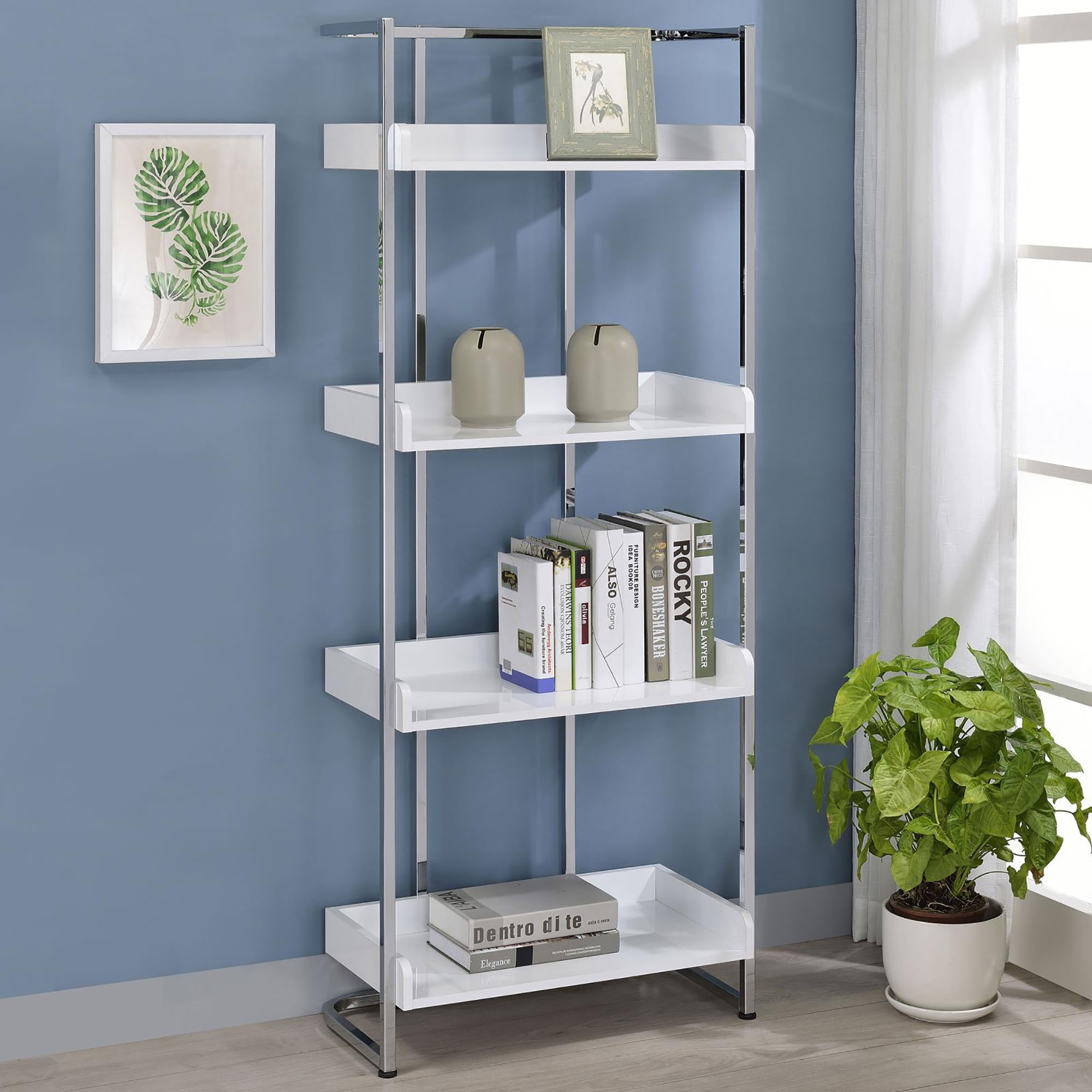 Living Room Display Shelves, Glossy White 4-Shelf Open Back Bookcase ...