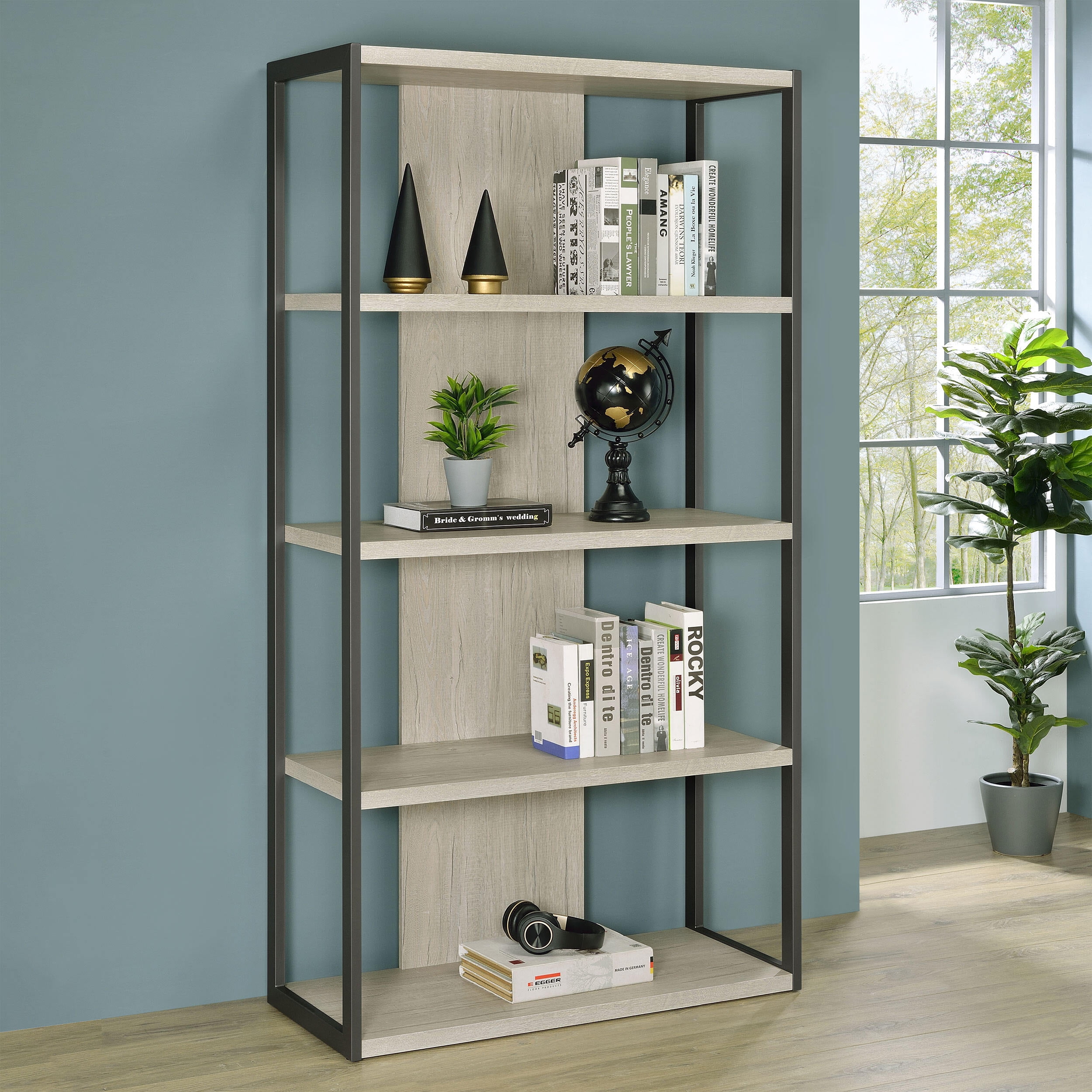 Living Room Display Shelves, Loomis Whitewashed Grey 4-Shelf Bookshelf ...