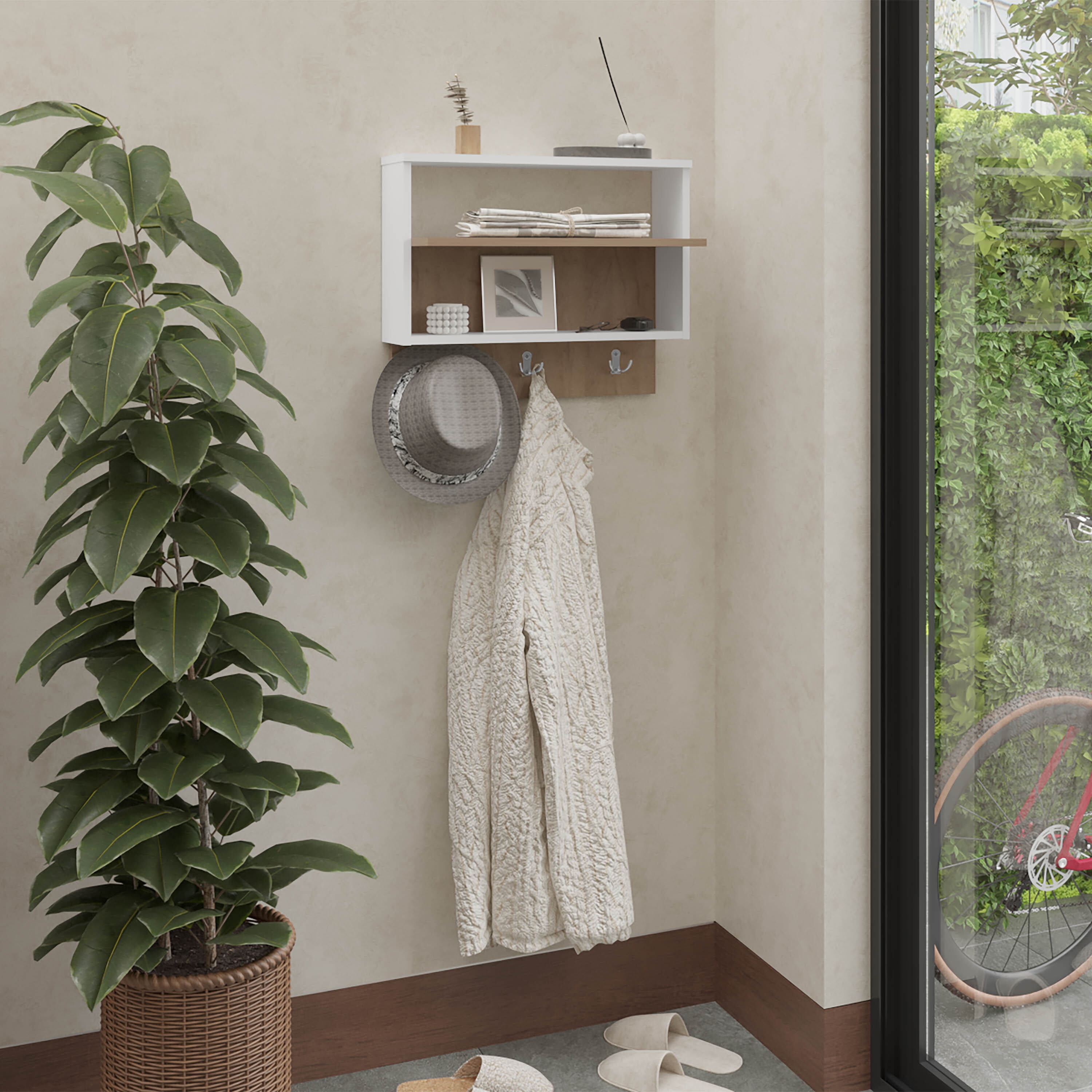 Living Room Display Shelves, Wall Shelf, 2 Shelves, White / Natural Oak ...