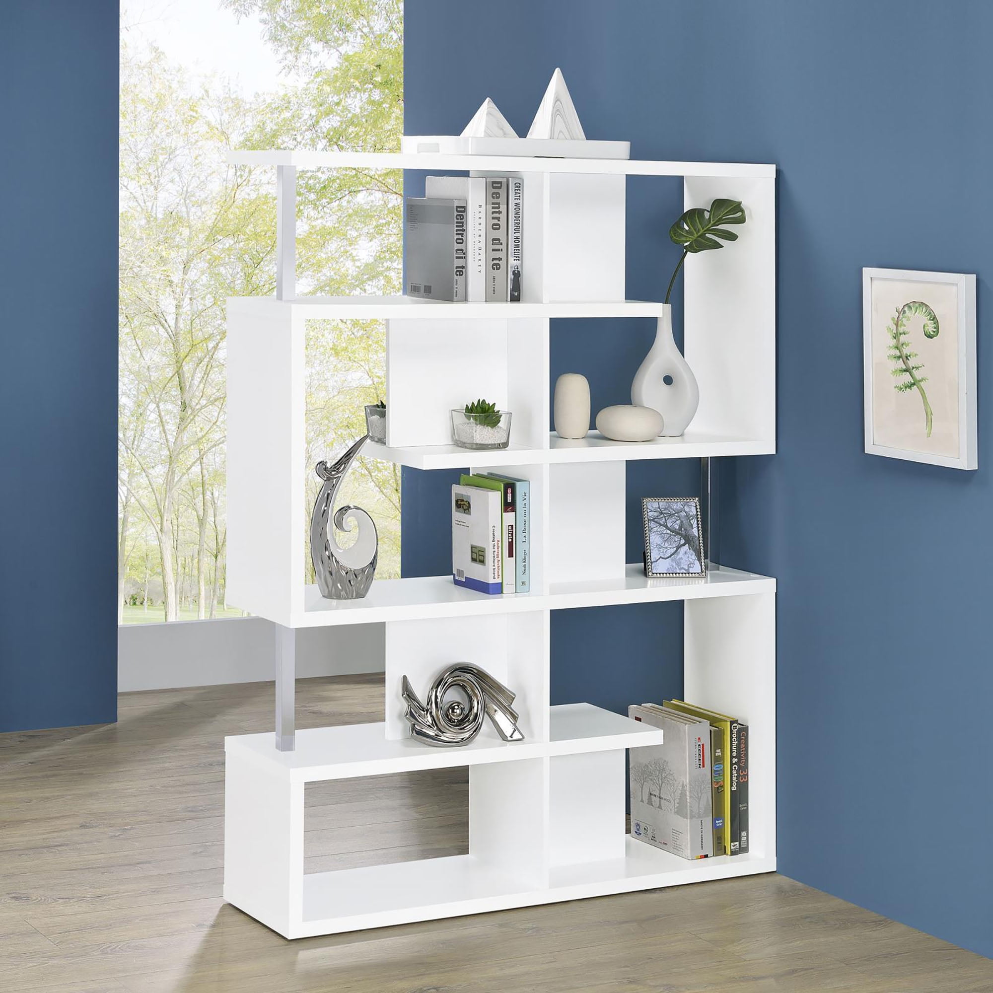 Living Room Display Shelves, White and Chrome 5-Tier Geometric Bookcase ...