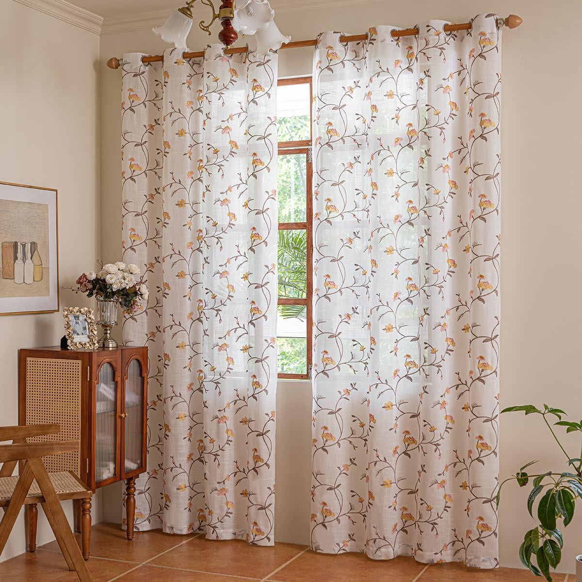 Living Room Embroidered Leaf Tulle Curtains, Gold Floral Embroidered ...