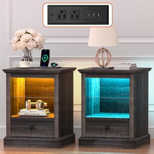 Living Room End Table Set of 2, Side Tables with LED Lights & Charging ...