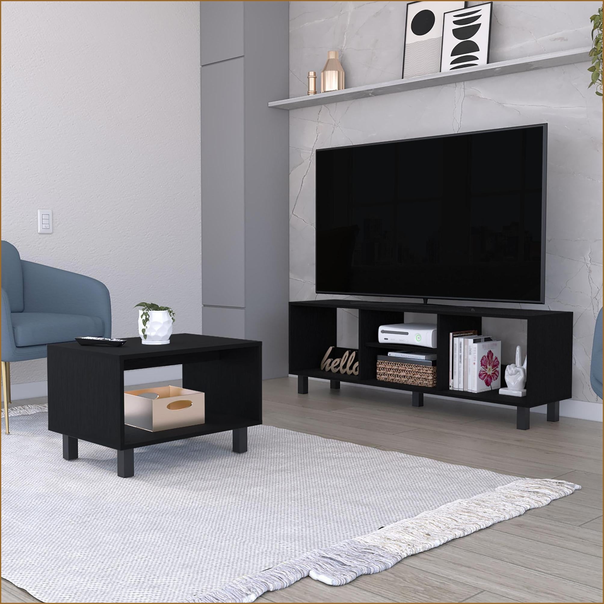 Living Room Entertainment Set with TV Rack & Coffee Table, Black ...