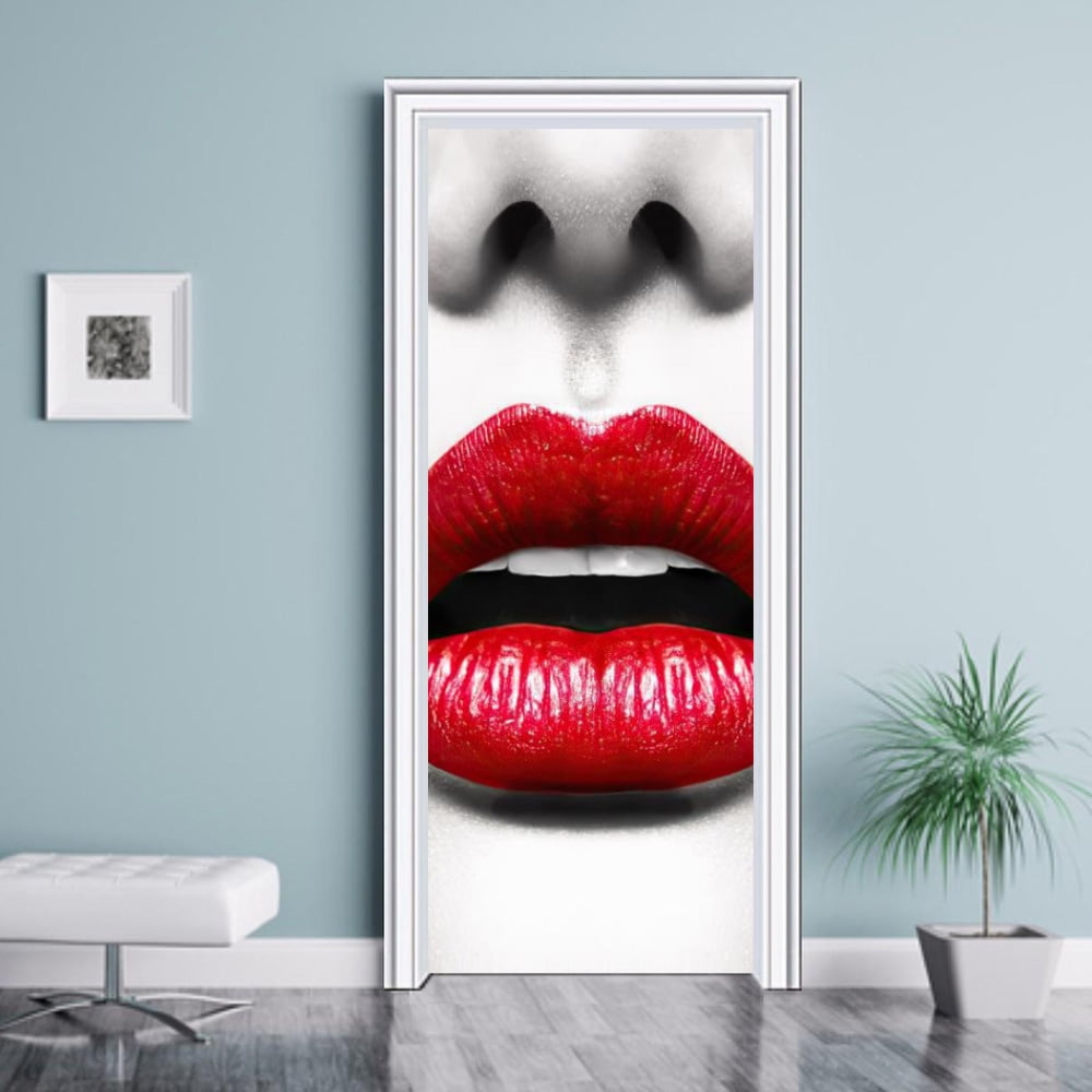 Living Room Entrance Door Sticker Modern Design Flower Girl Lip ...