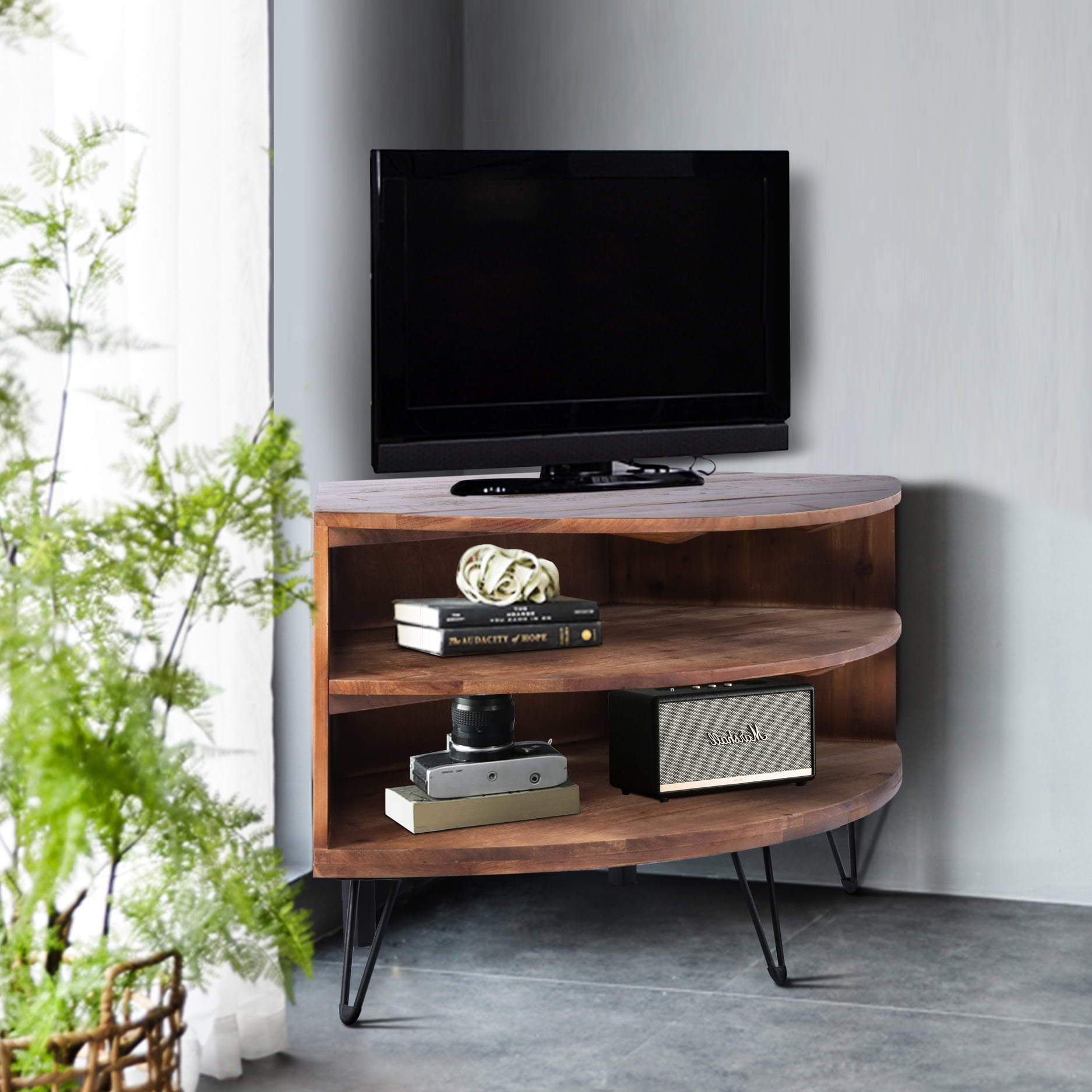 Living Room Fan Shape Reclaimed Wood Corner Media Shelf - & Easy To ...