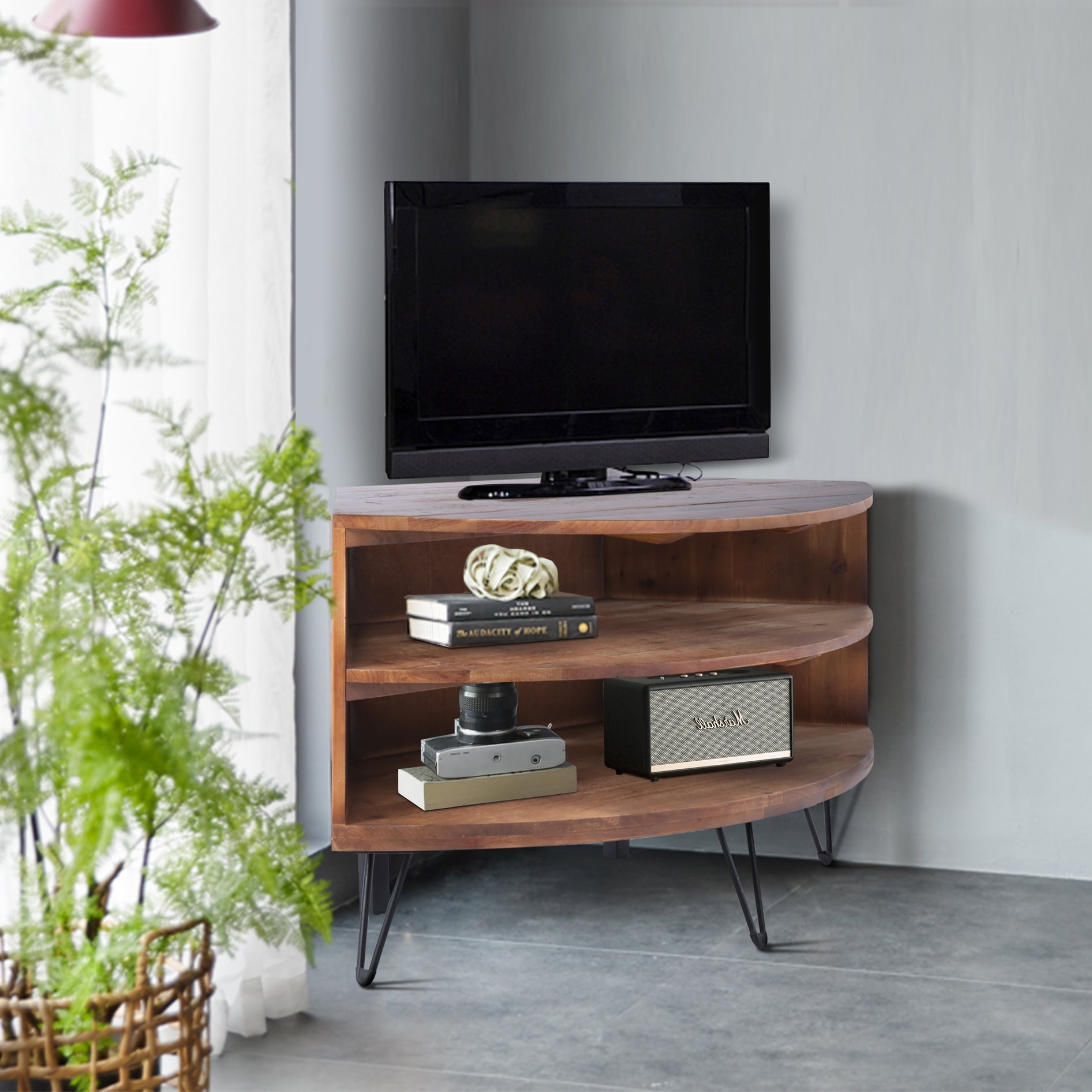 Living Room Fan-shaped Reclaimed Wood Corner Media Cabinet - & Clean ...