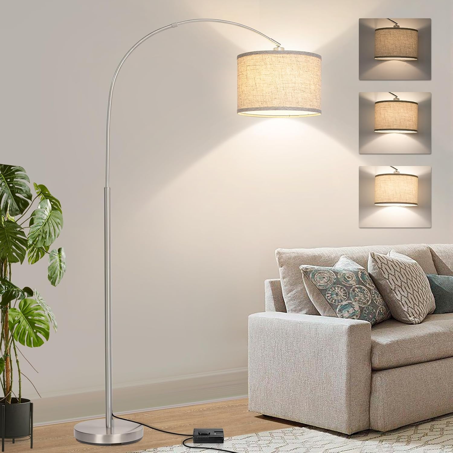 Living Room Floor Lamp, Dimmable Arc Lamp with Adjustable Head, Silver ...