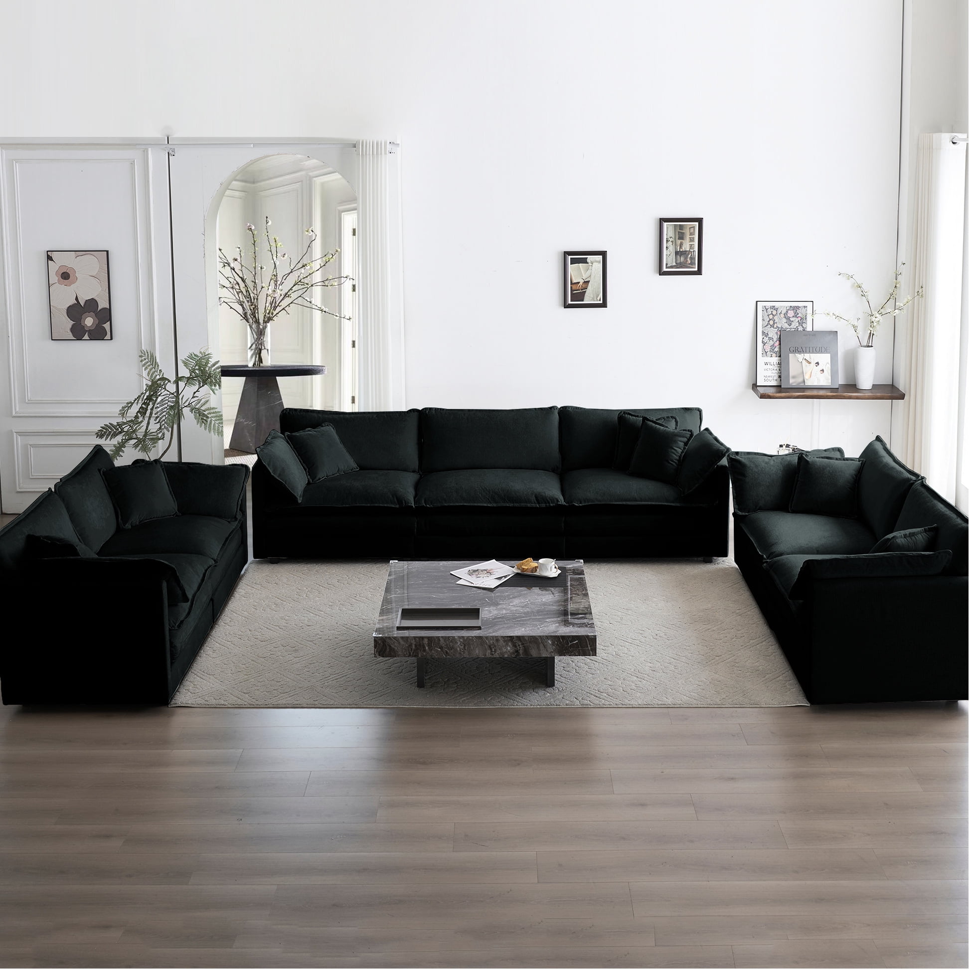 Living Room Furniture: 3 Piece Oversized Comfy In Black Chenille. 2 ...