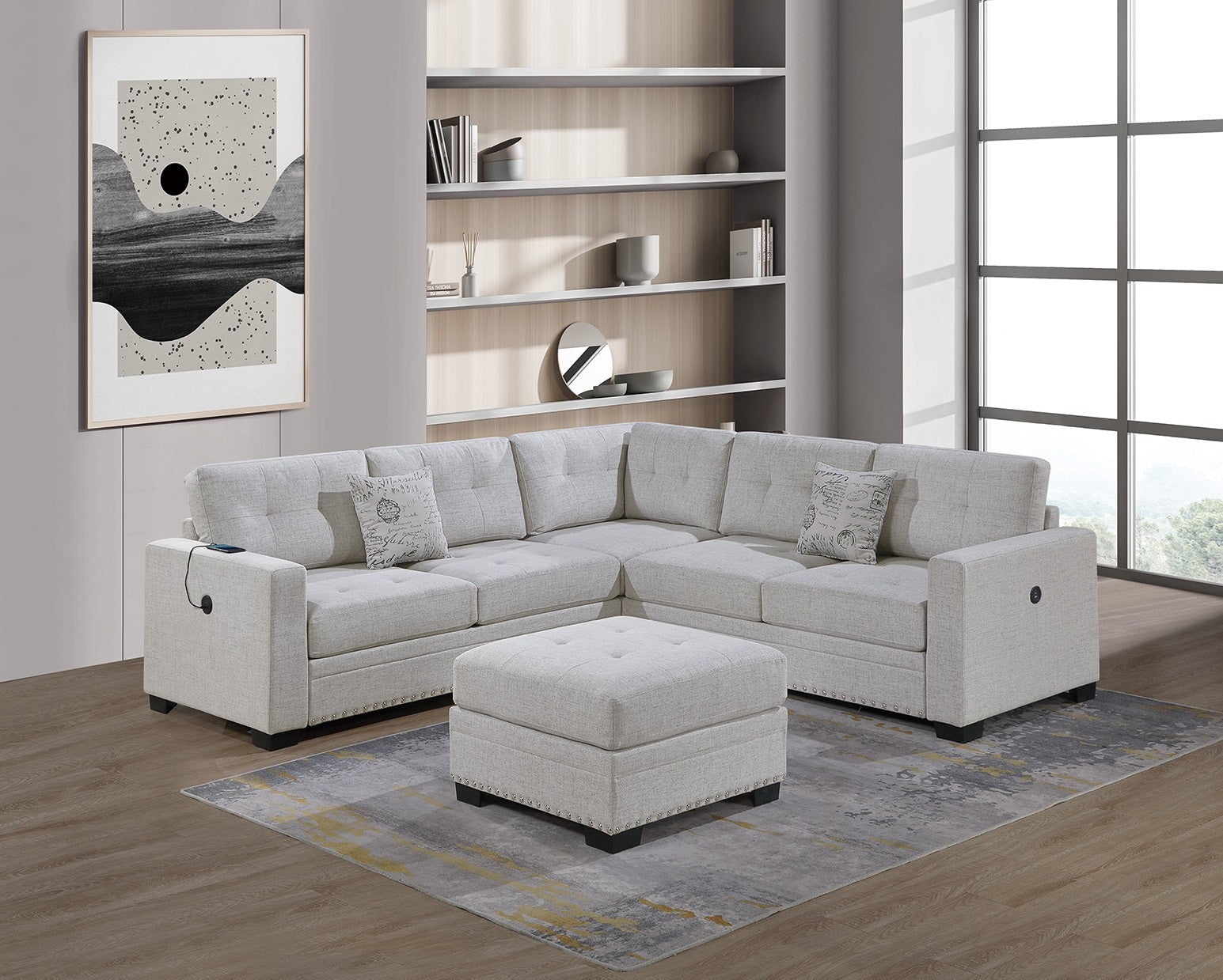 Living Room Furniture Bone Fabric Tufted Sectional 4pc Set One Arm Loveseats w USB Corner Wedge ...