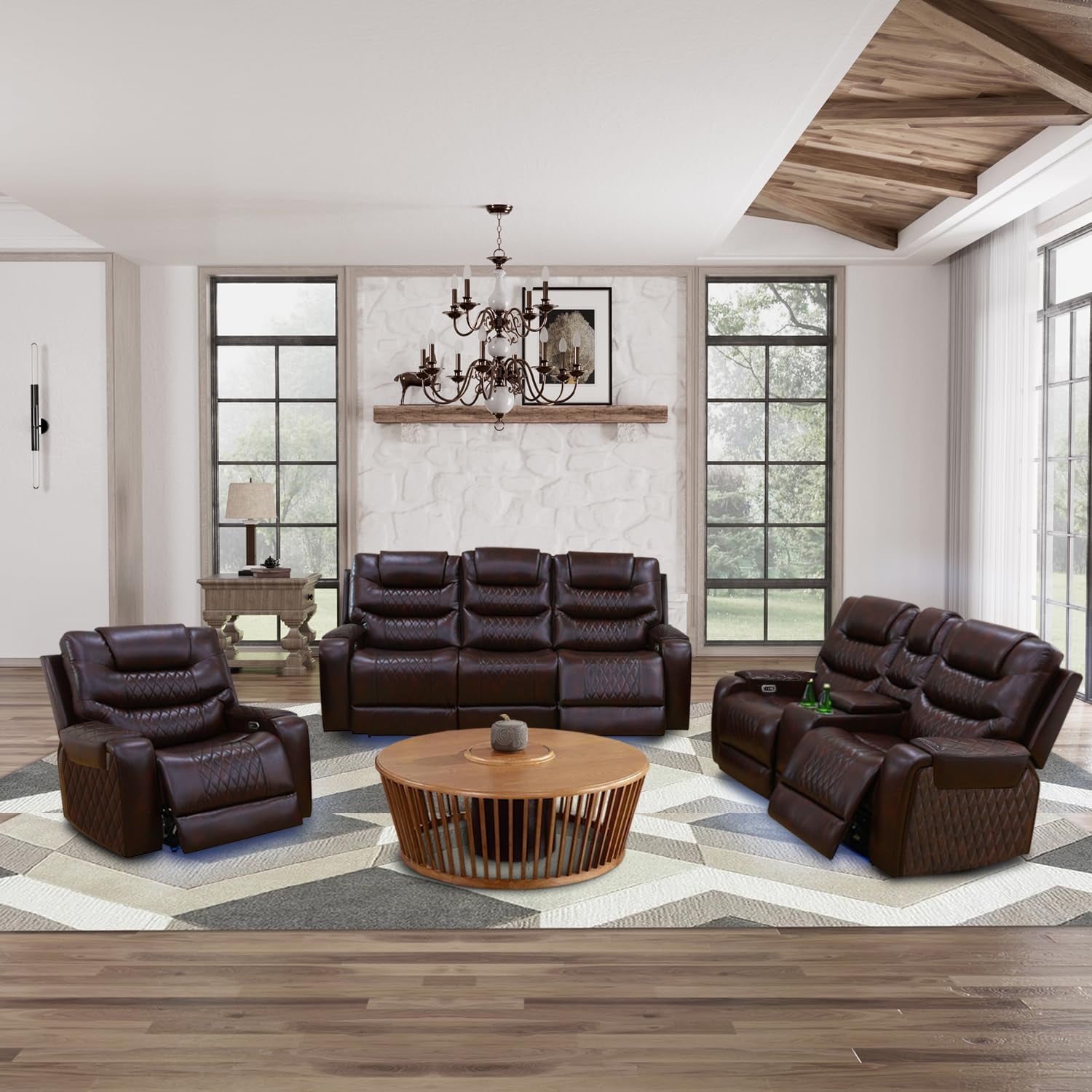 Living Room Furniture Set, Power Reclining Sofa Set, Brown Leather ...