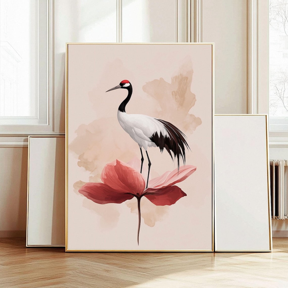 Living Room Gallery Wall Art Print, Japanese Red Crane Illustration ...