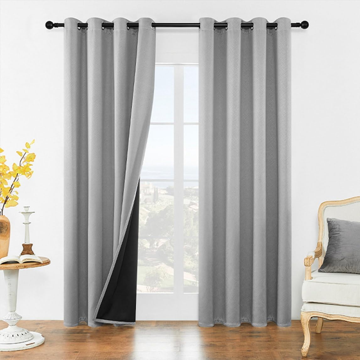 Living Room High Blackout Curtains, Polyester Lined Curtains (Grey, 2 ...