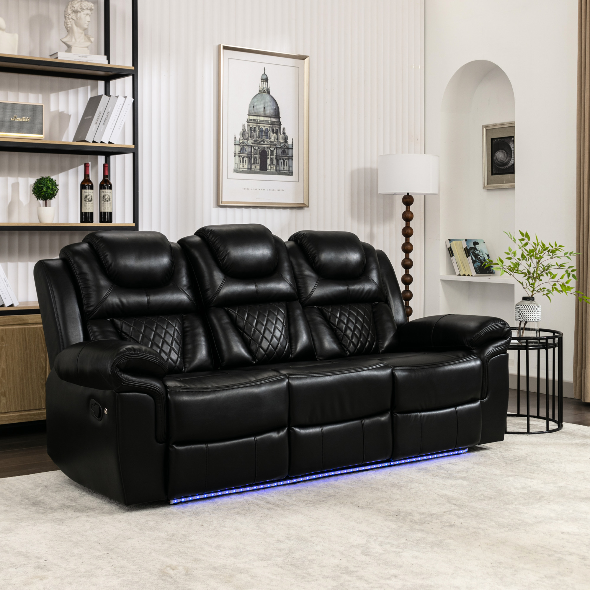 Living Room Manual Recliner With Center Console, Led Strip, 2 Ports ...
