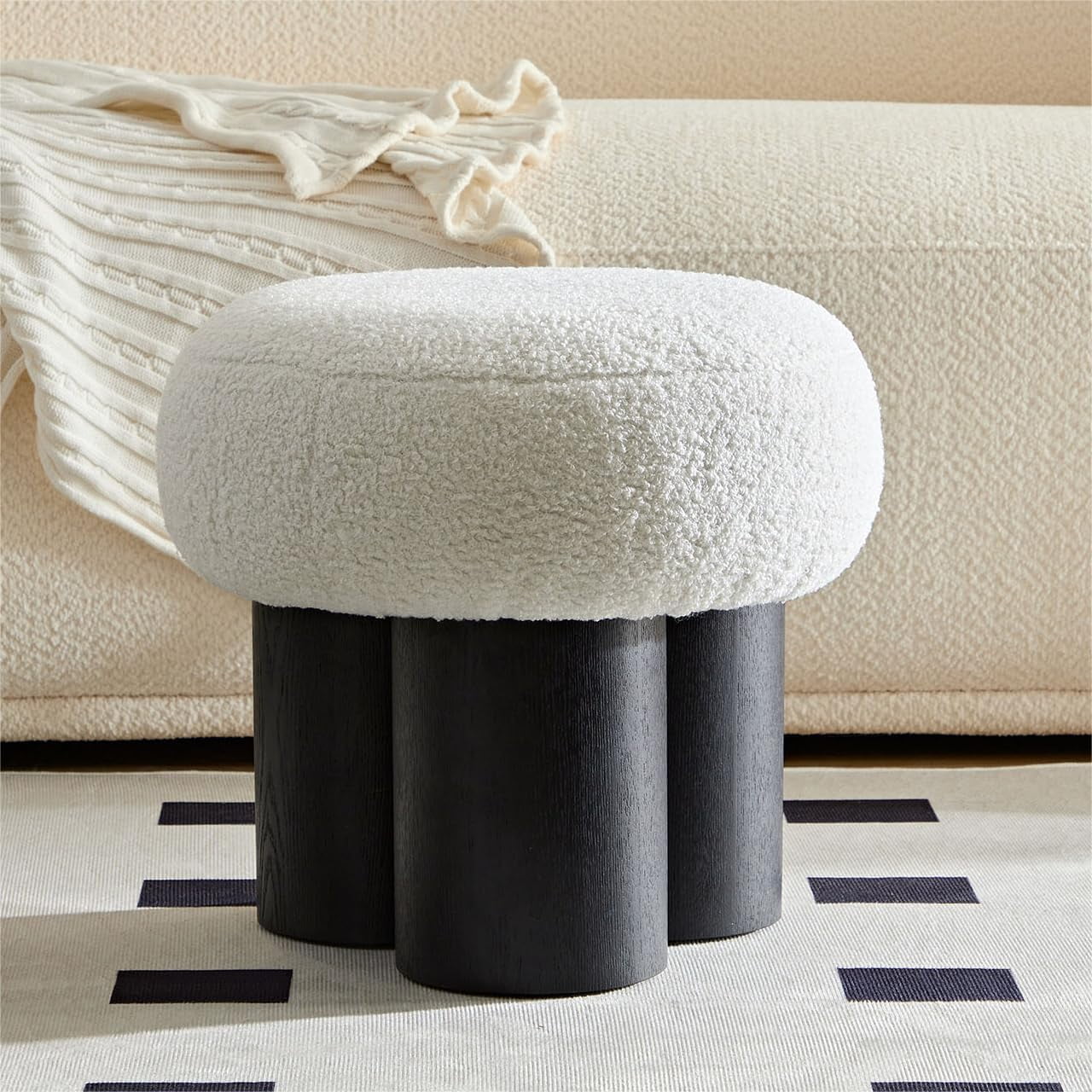Living Room Ottoman Foot Stool, 17” Round Mid Century Modern Ottoman with Bouclé Teddy Fabric ...
