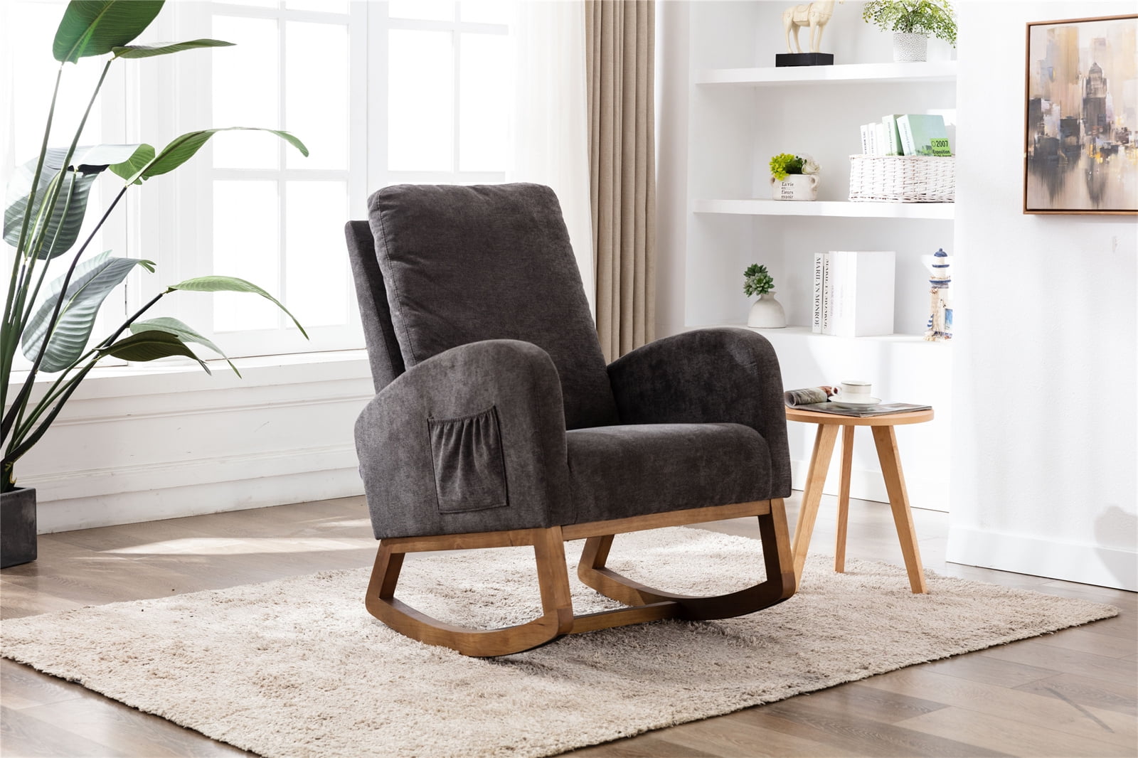 Living Room Rocking Chair, Modern Fabric Upholstered Leisure Rocker ...