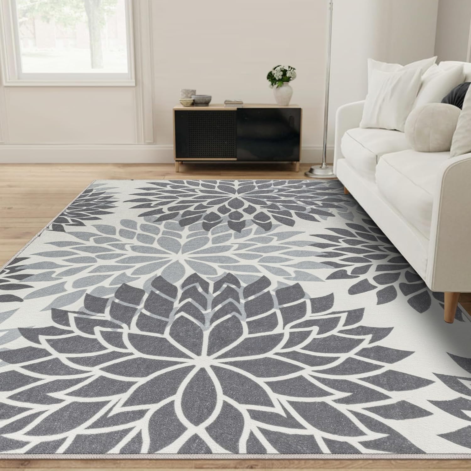 Living Room Rug 5x7, Ivory & Gray Floral Botanical Machine Washable Rug ...