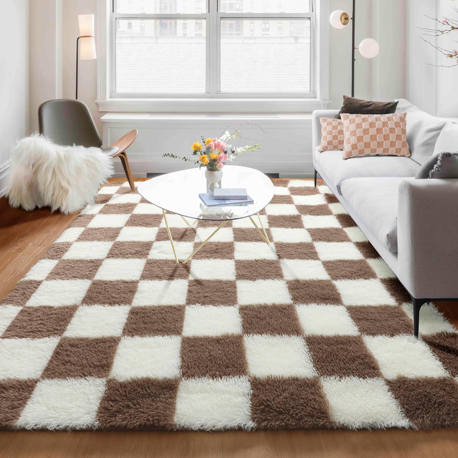 Living Room Rug 5x8 Brown and Cream White, Large Fluffy Shag Fuzzy ...