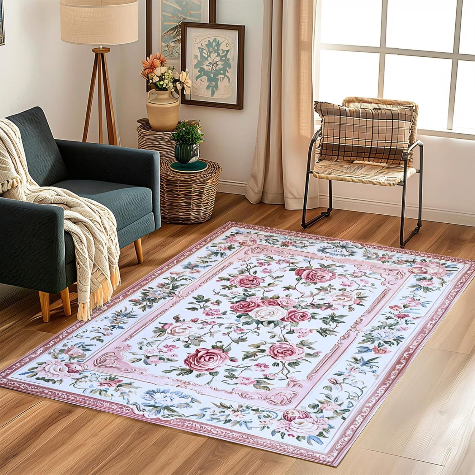 Living Room Rug, Pink&Blue Rugs For Bedroom, Floral Print Washable Non ...