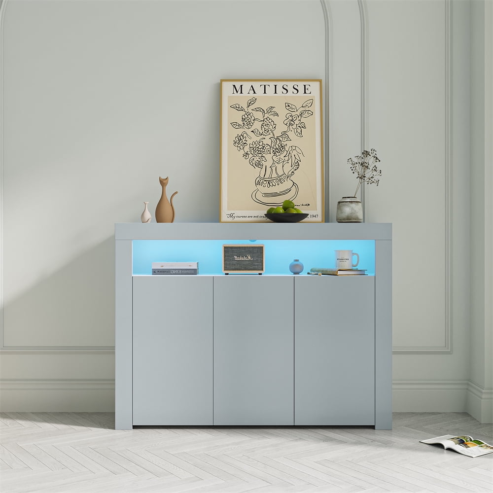 Living Room Sideboard Storage Cabinet High Gloss with LED Light, Modern ...