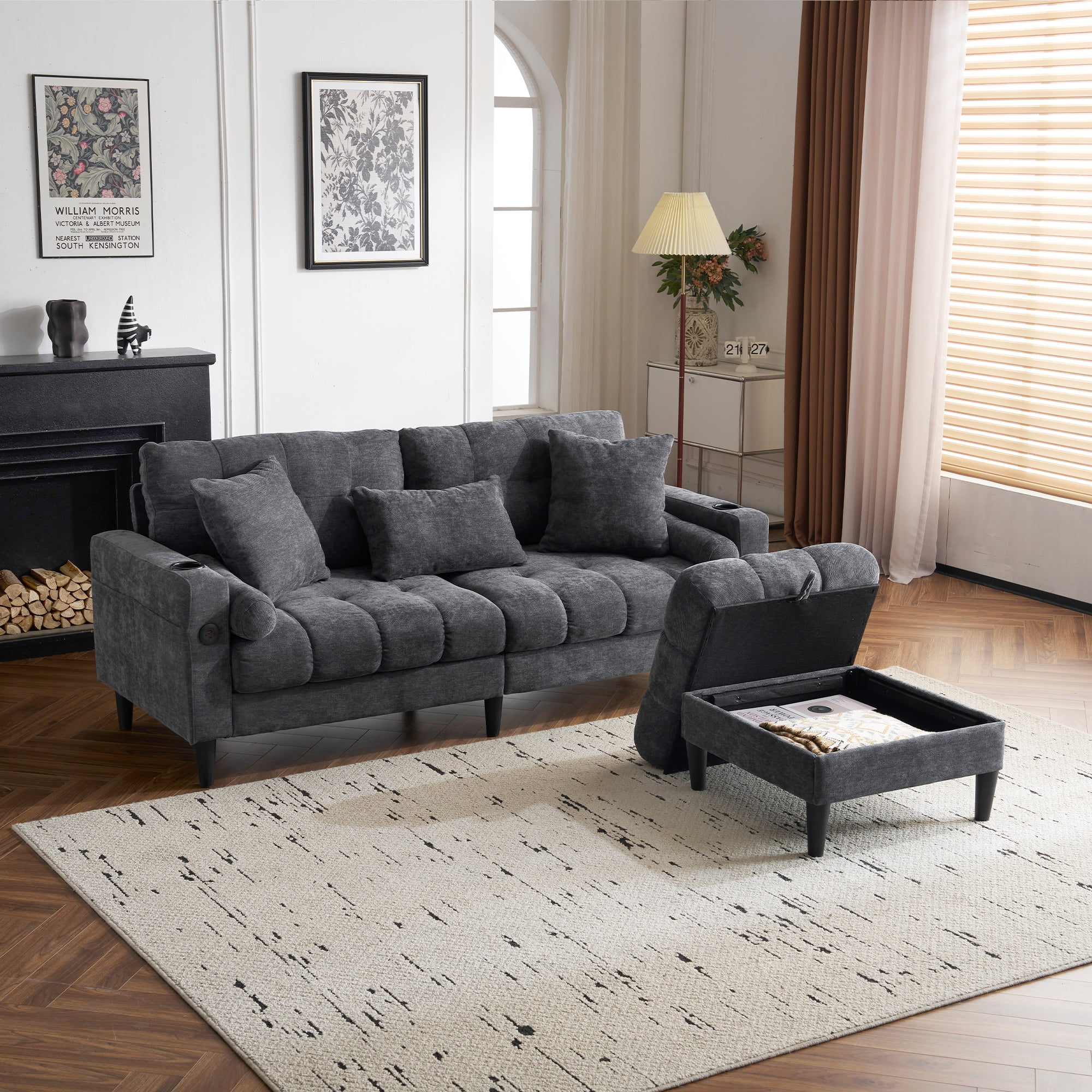 Living Room Sofas 3 Seat L Shaped chenille Sofa with Removable and Storage Ottoman,Side Storage ...