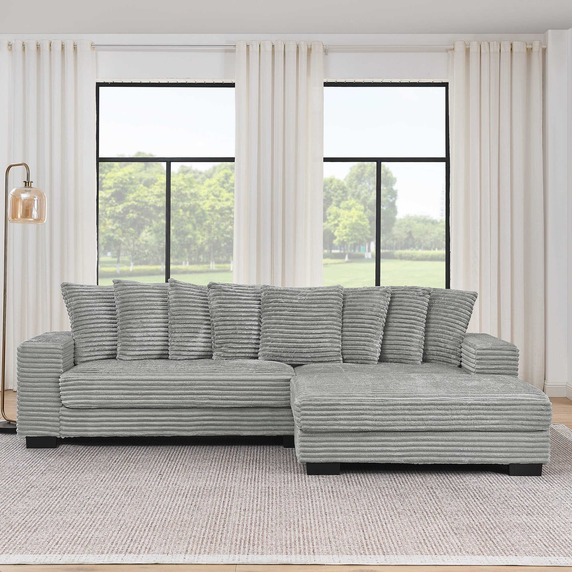 Living Room Sofas Corduroy Tufted Upholstered Sleeper Sectional Sofa, L ...