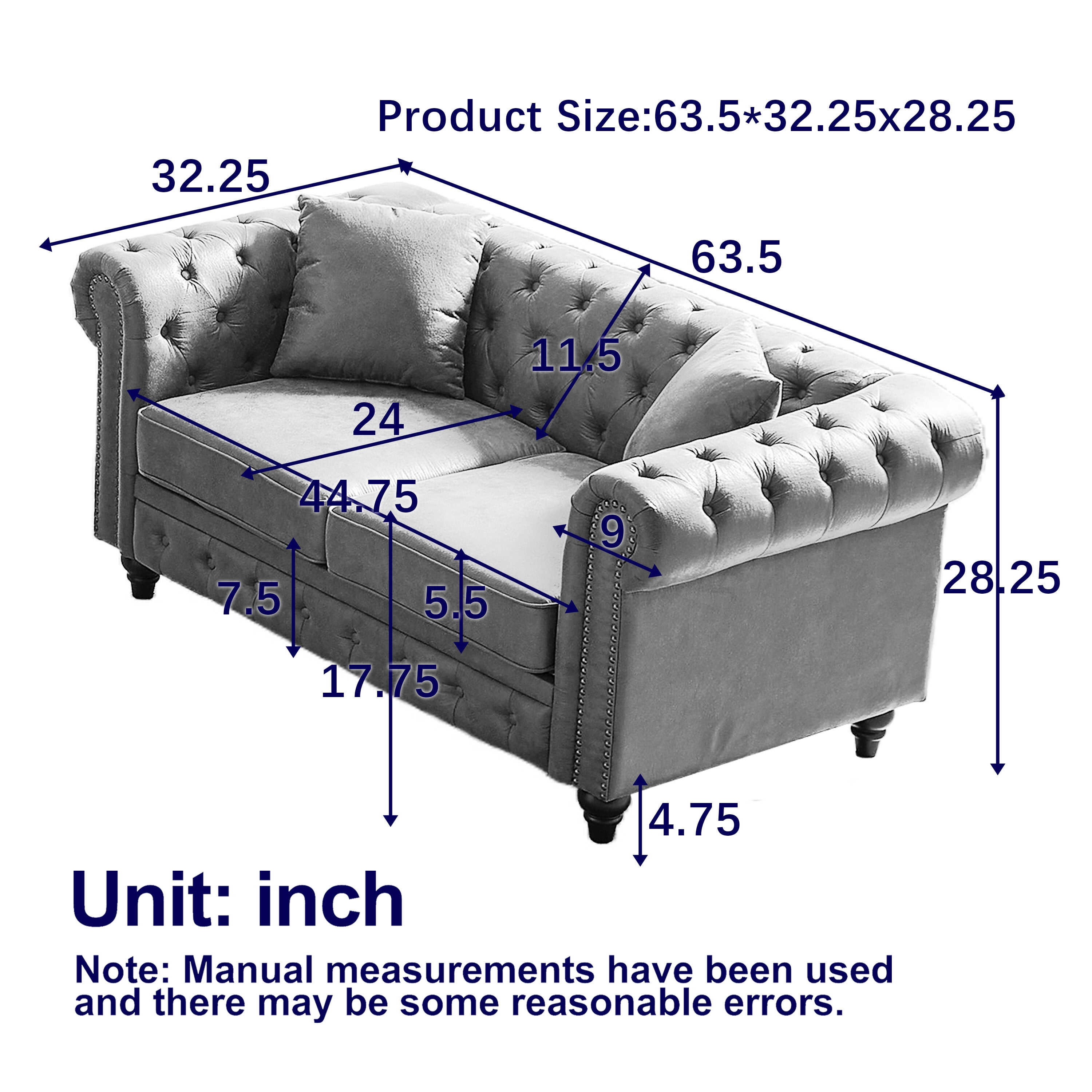 Living Room Sofas FX 63.5" Contemporary Design chesterfield sofa, Tech ...