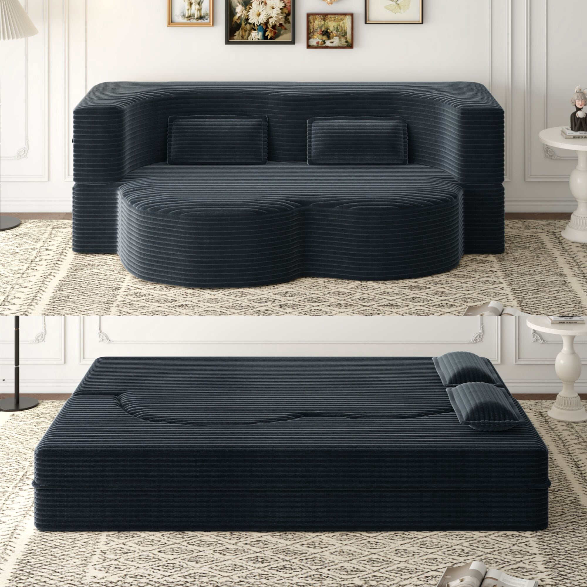 Living Room Sofas Modern Floor Sofa with 2 Pillows,Convertible Plush ...