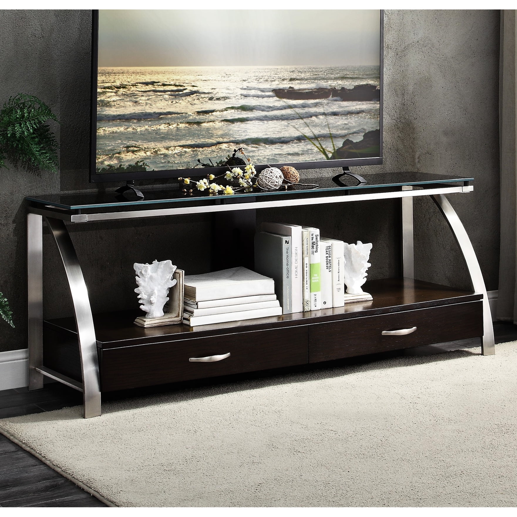 Living Room TV Table | Nickel Tone Bar Pulls and Cutouts | Glass, Wood ...