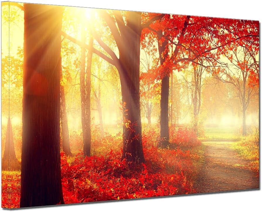 Living Room Wall Art Red Tree Sunset Autumn Forest Trees Picture ...